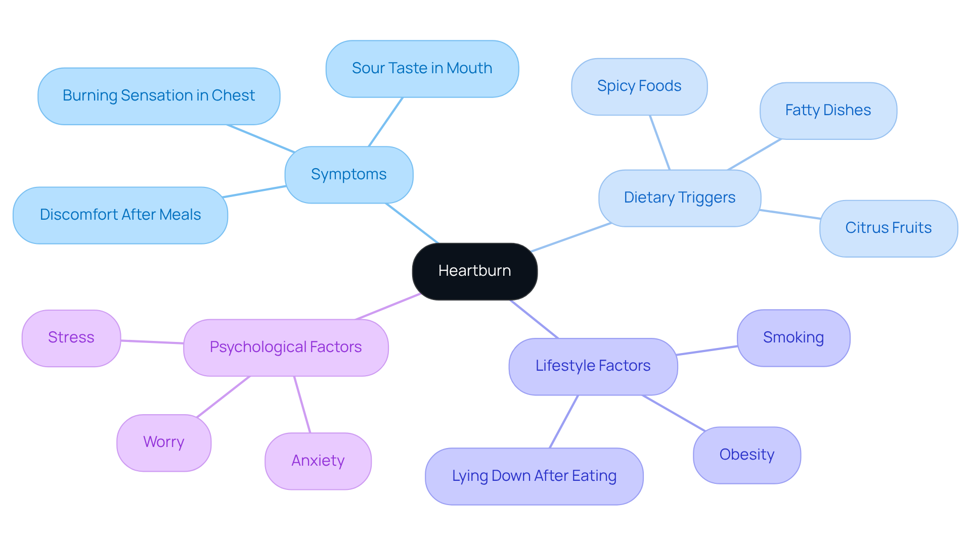 The central node represents heartburn, while the branches highlight key areas: symptoms experienced, dietary risks, lifestyle influences, and the role of psychological well-being. Each branch connects to specific factors that contribute to understanding heartburn better.