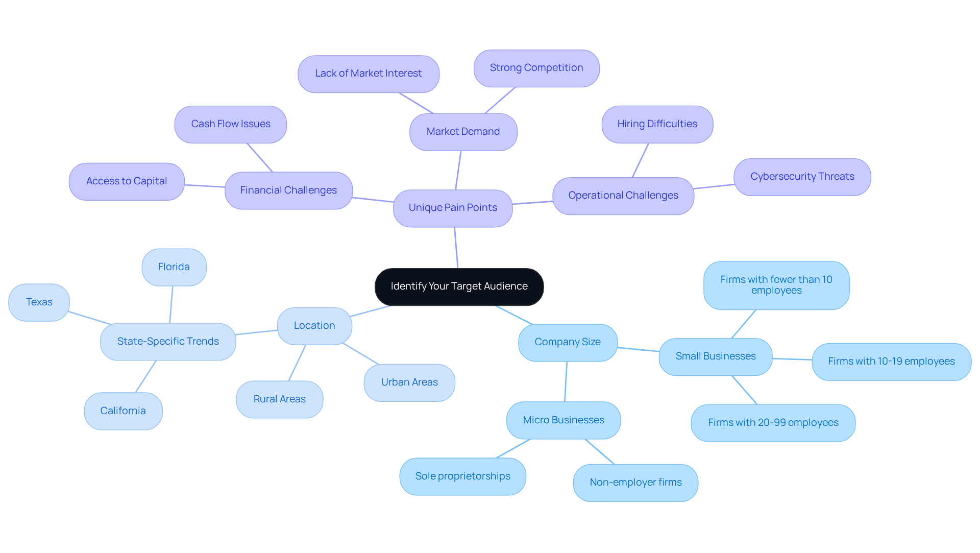 At the center is the concept of targeting your audience, and the branches show specific areas to consider when creating detailed customer profiles.