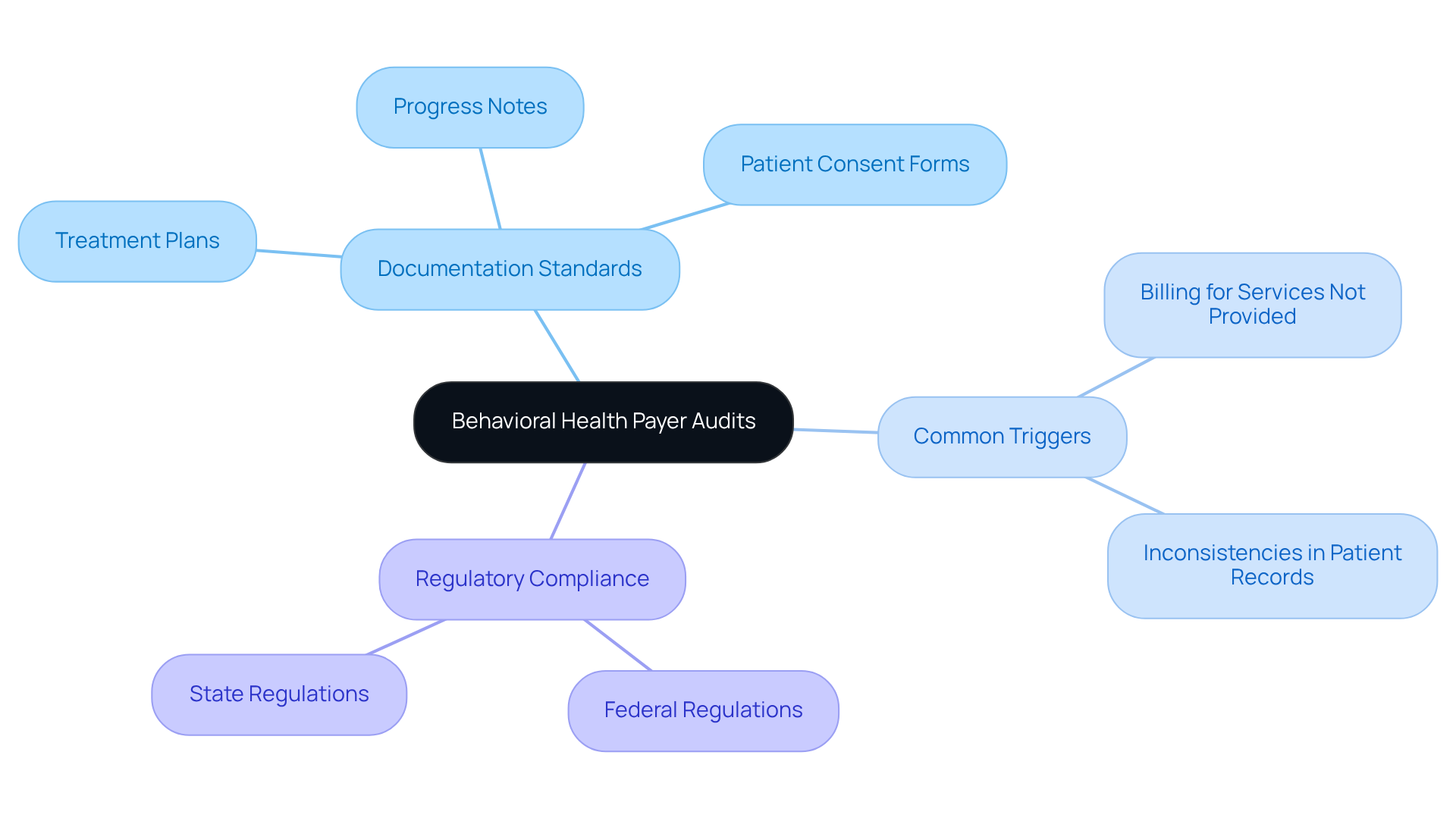 Start at the center with the main topic of payer audits, then explore the branches to see key areas like documentation and compliance. Each branch shows important details that help organizations prepare for audits.