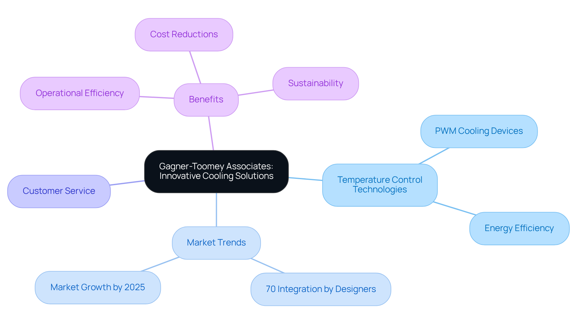 The central node represents the company, while branches show key areas of focus. Each sub-branch provides more detail about specific technologies, market trends, and customer service aspects.