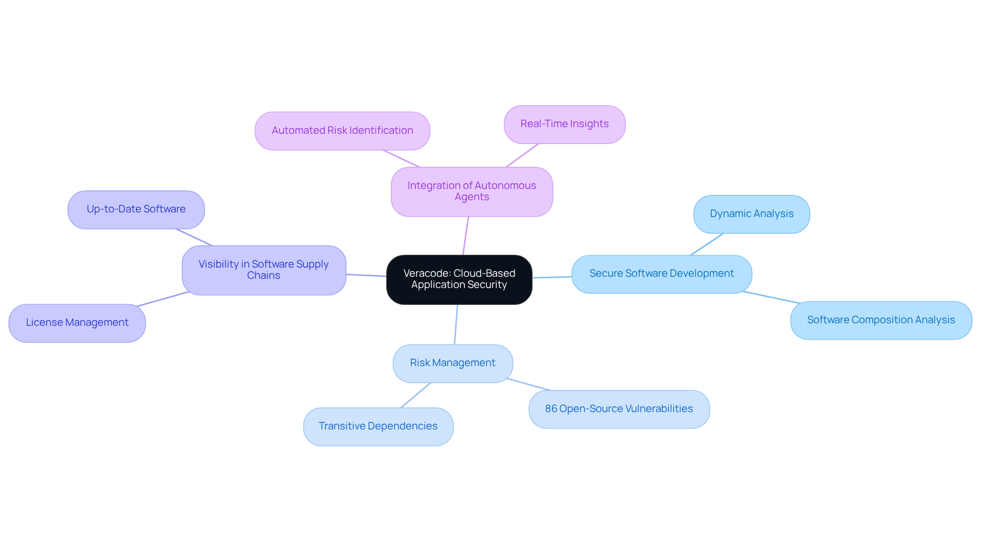 The central node represents Veracode's focus on application security, with branches showing different strategies and important statistics that support the need for proactive measures in software development.