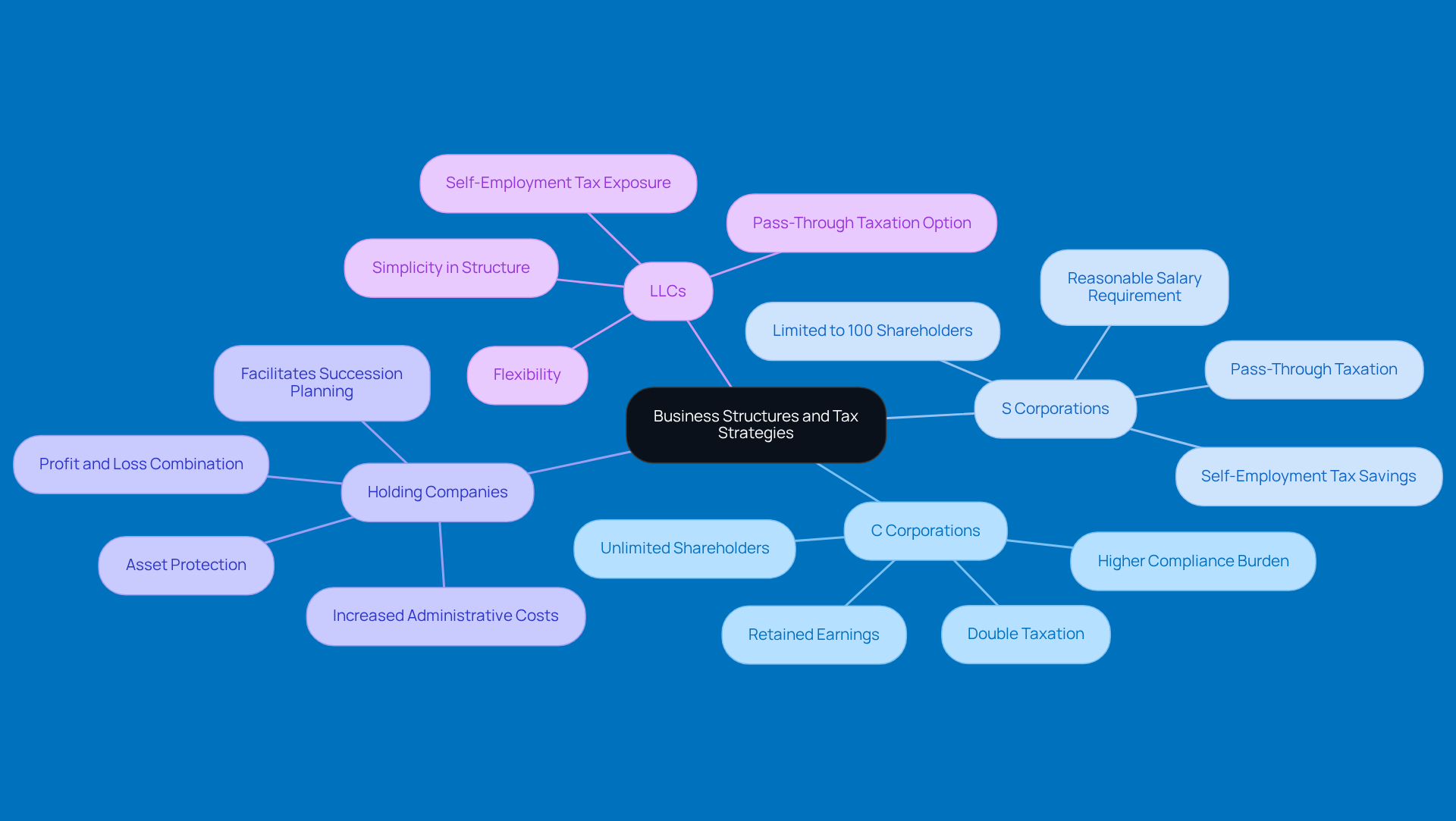 This mindmap helps you navigate the different business structures and their tax implications. Start at the center with the main topic, then explore each branch to see how C Corporations, S Corporations, Holding Companies, and LLCs differ in terms of taxation and benefits.