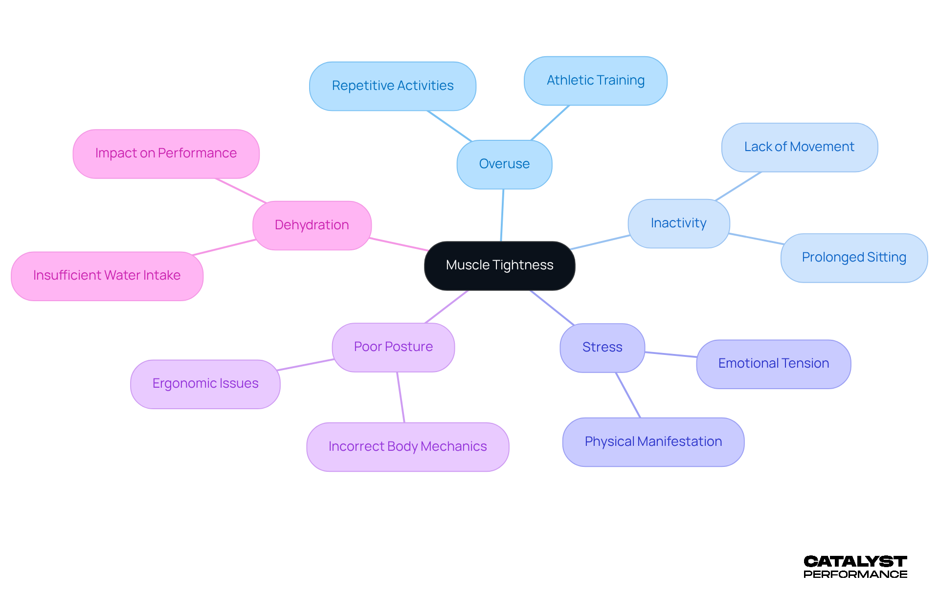 The central node represents muscle tightness, while the branches show the common causes. Each color-coded branch helps you quickly identify how different factors contribute to the overall issue. The central node represents muscle tightness, while the branches show the common causes. Each color-coded branch helps you quickly identify how different factors contribute to the overall issue.