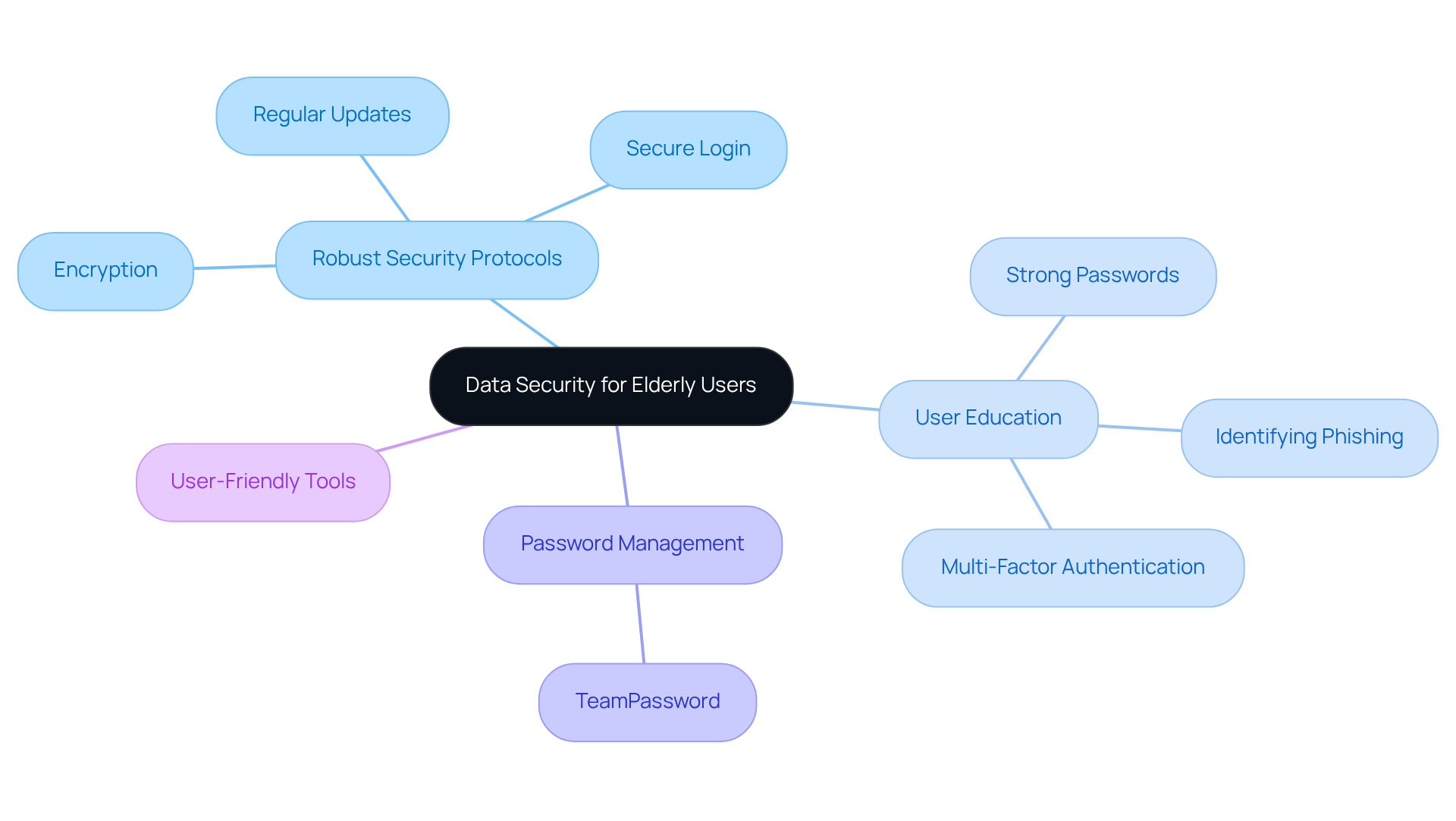 This mindmap starts with the main idea of data security for elderly users at the center, then branches out to show key strategies and practices that help protect their information. Each branch represents a different area of focus, and the sub-branches provide more detailed actions or tools related to that area.
