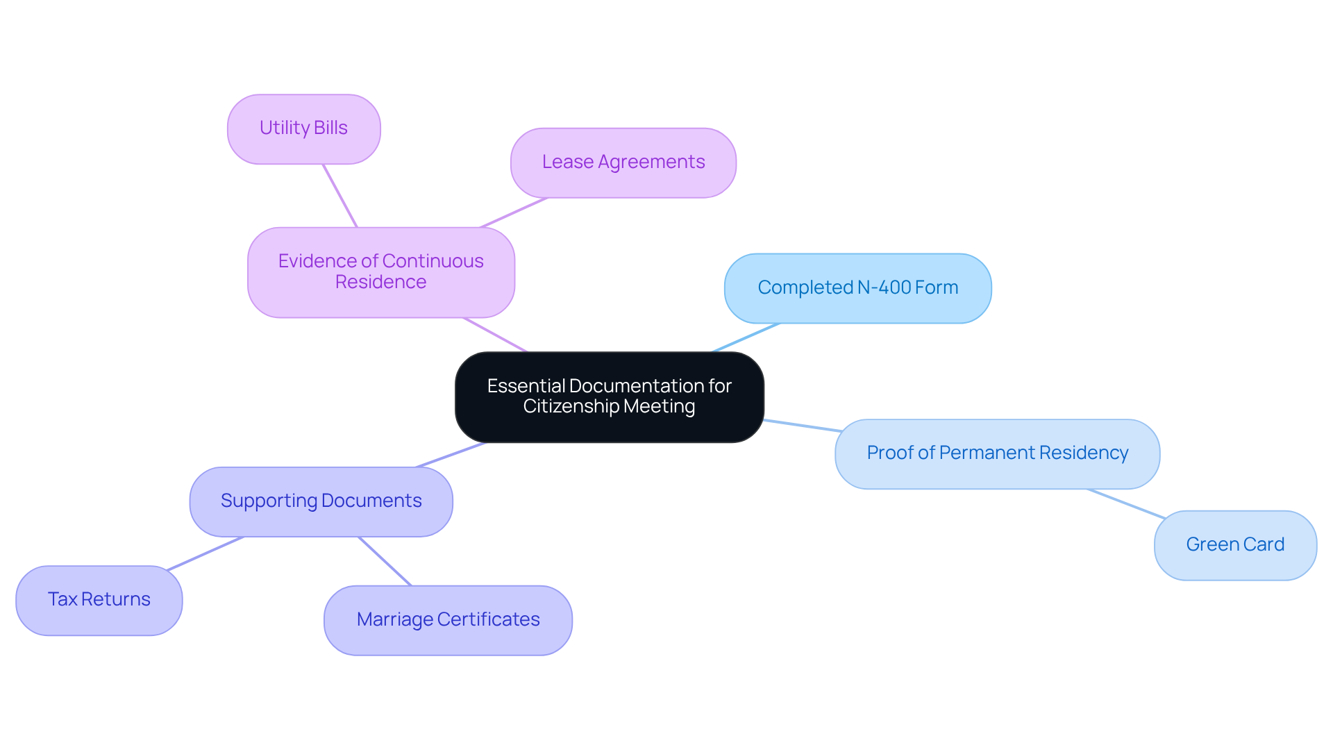 Start at the center with the main topic of documentation. Follow the branches to see what specific documents you need and why they are important for your citizenship meeting. Start at the center with the main topic of documentation. Follow the branches to see what specific documents you need and why they are important for your citizenship meeting.