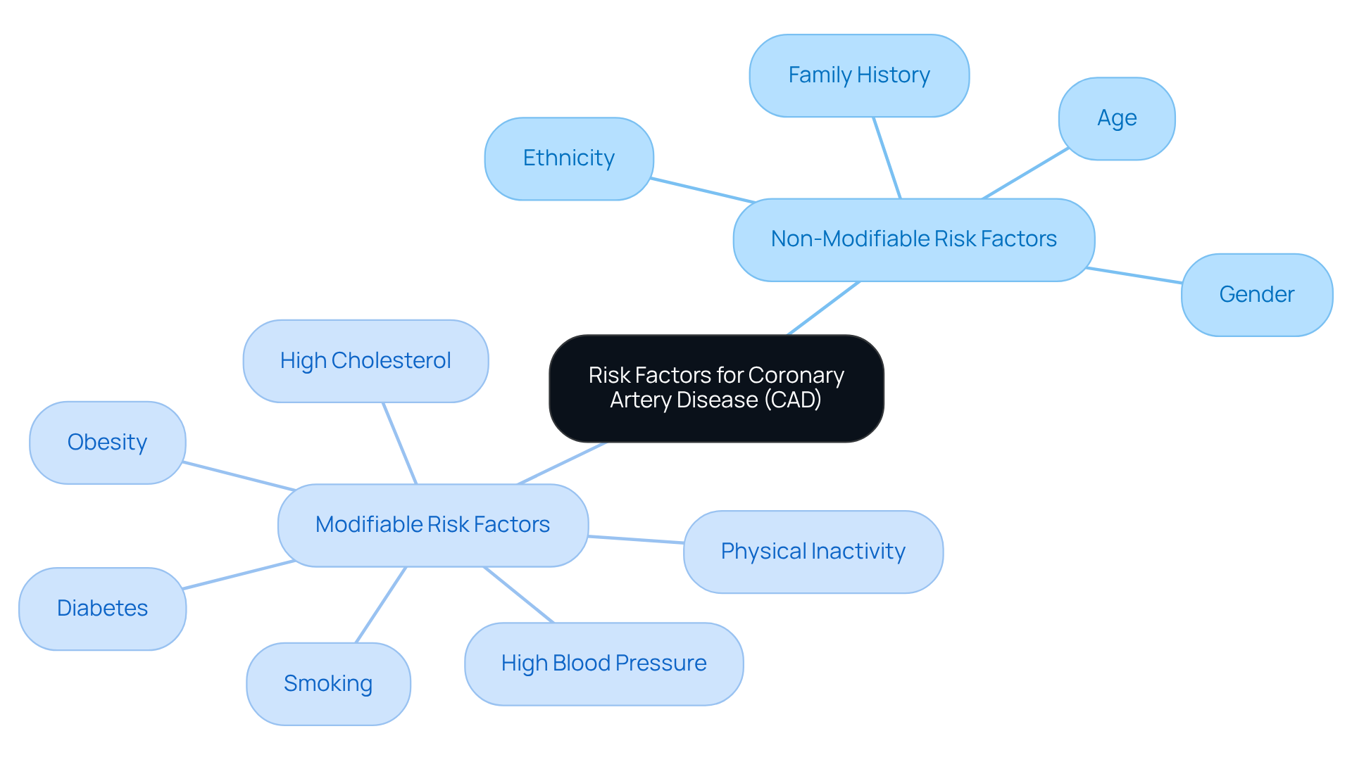 This mindmap shows the different risk factors for heart health. The center represents all risk factors, while the branches split into two categories: those you can't change (like age and family history) and those you can change (like diet and exercise). Each factor is a step towards understanding how to manage your heart health better.