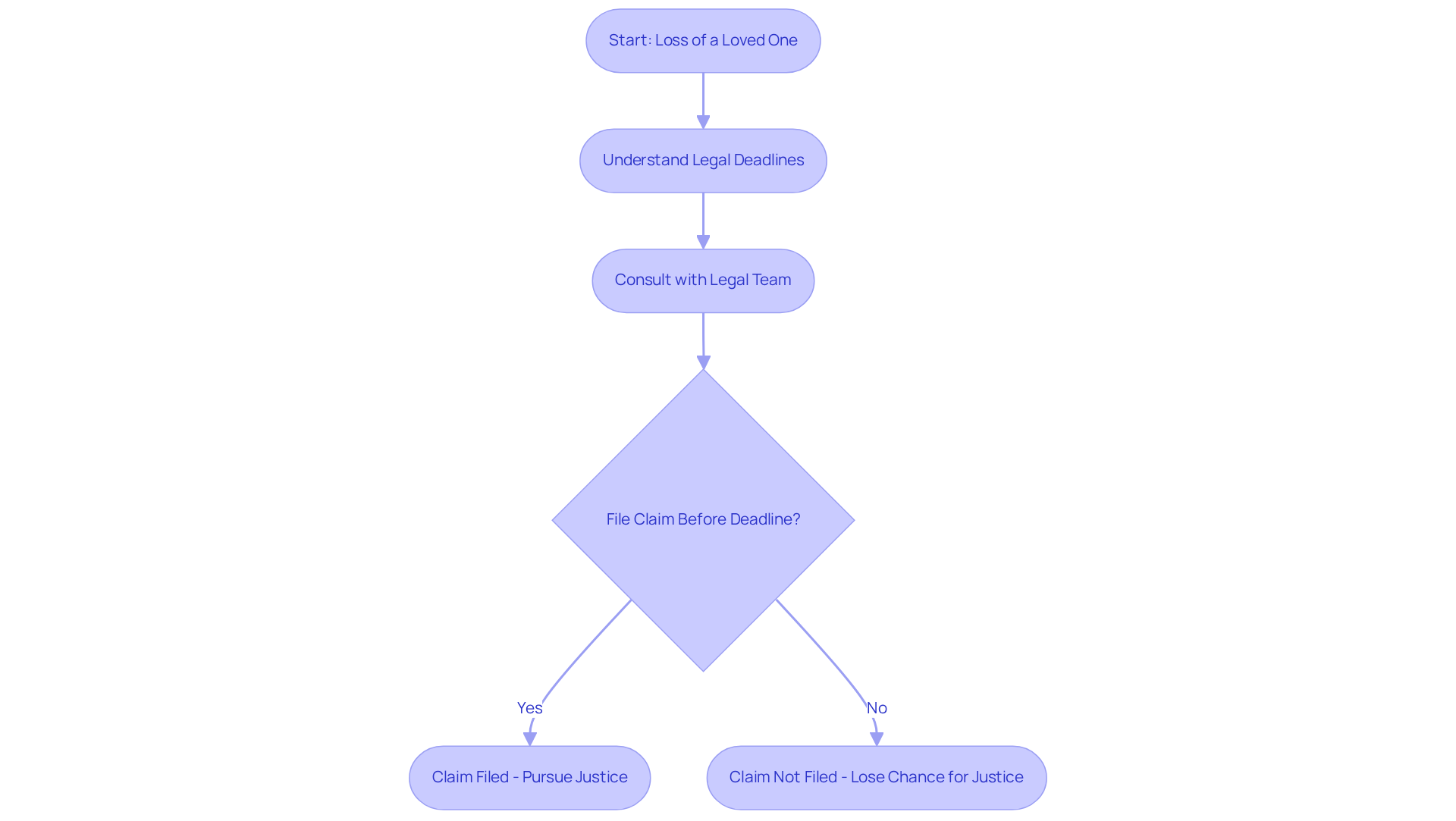 This flowchart guides families through the necessary steps to take after losing a loved one. Follow the arrows to see what actions can lead to pursuing justice and what happens if deadlines are missed.