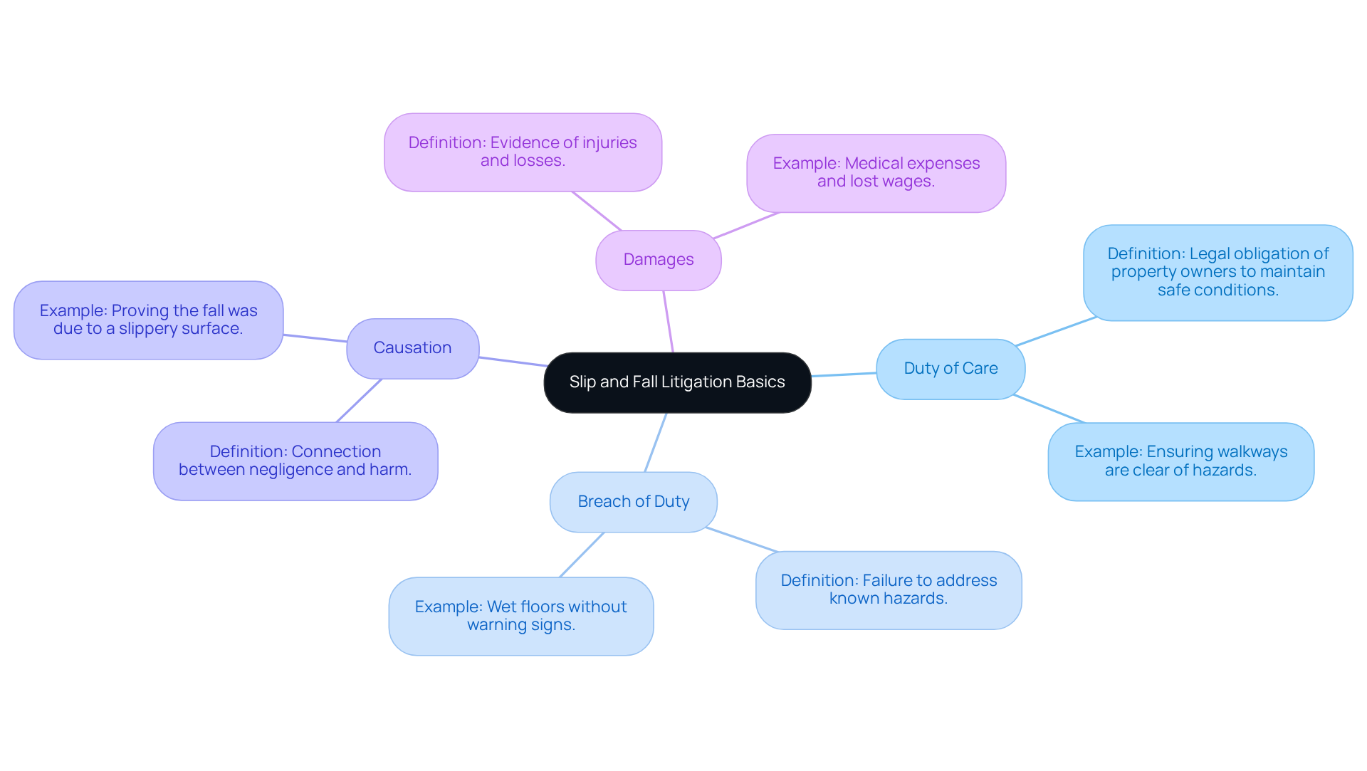 This mindmap illustrates the fundamental components of slip and fall litigation. Start at the center with the main topic, then follow the branches to understand each key element and how they relate to the overall legal process.