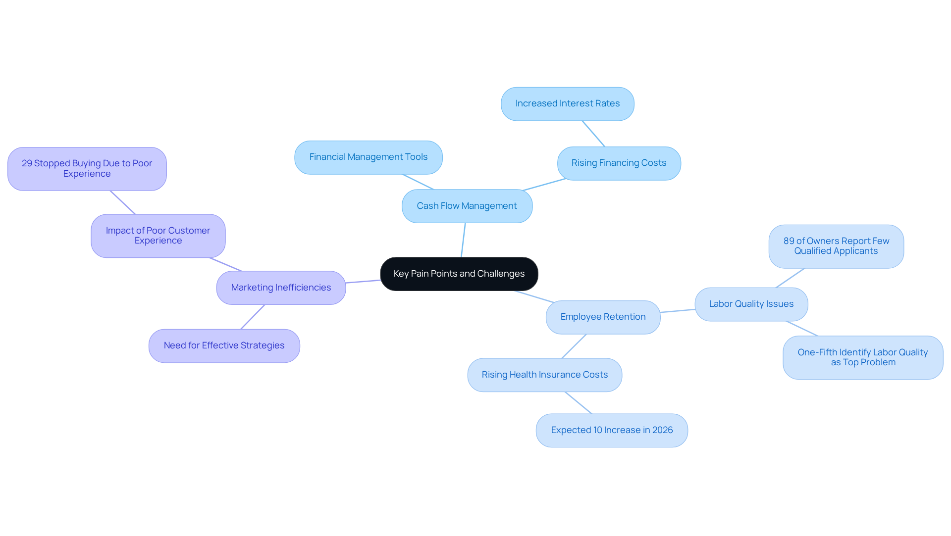 The central node represents the main topic, while the branches show different challenges entrepreneurs face. Each sub-branch provides more detail or statistics related to those challenges, helping you see the bigger picture and understand how to tackle each issue.