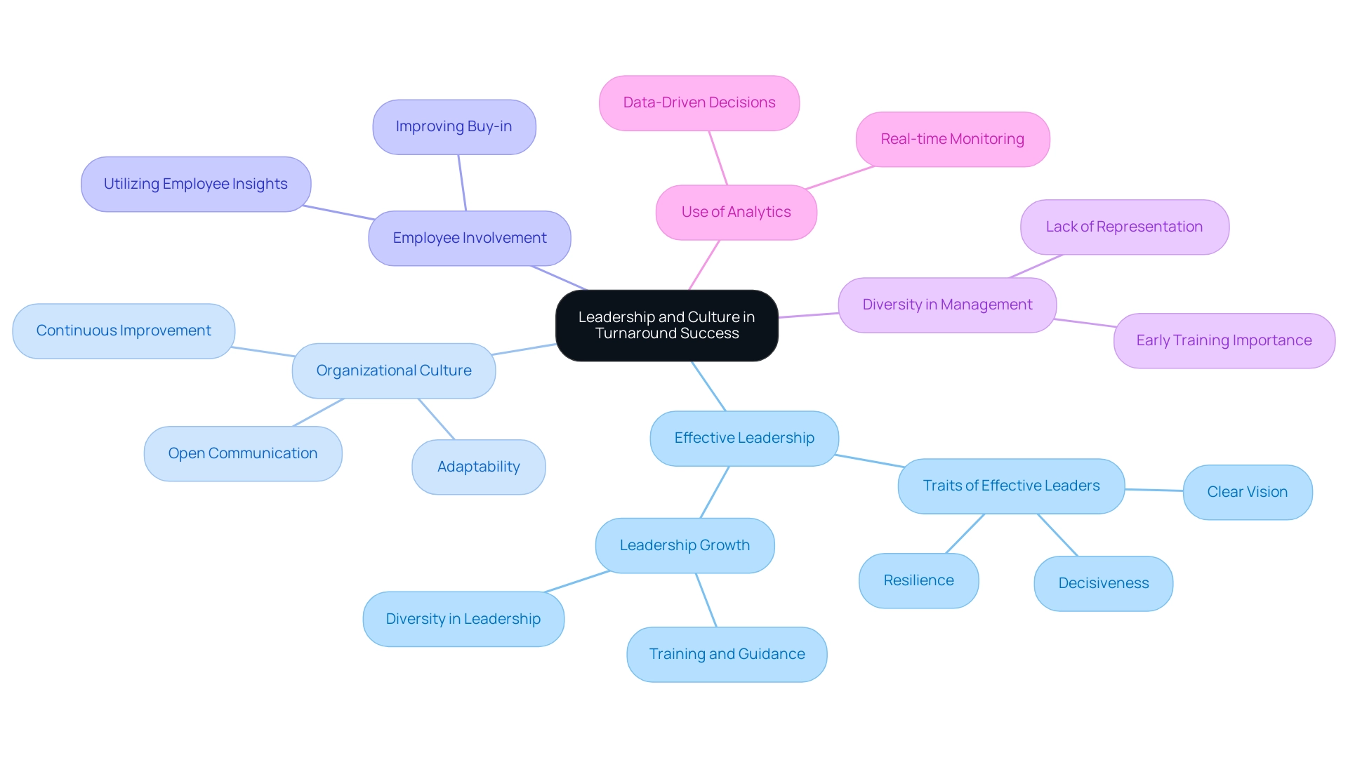 The central node represents the main concept, with branches showing key areas like leadership traits, culture, employee involvement, and analytics.