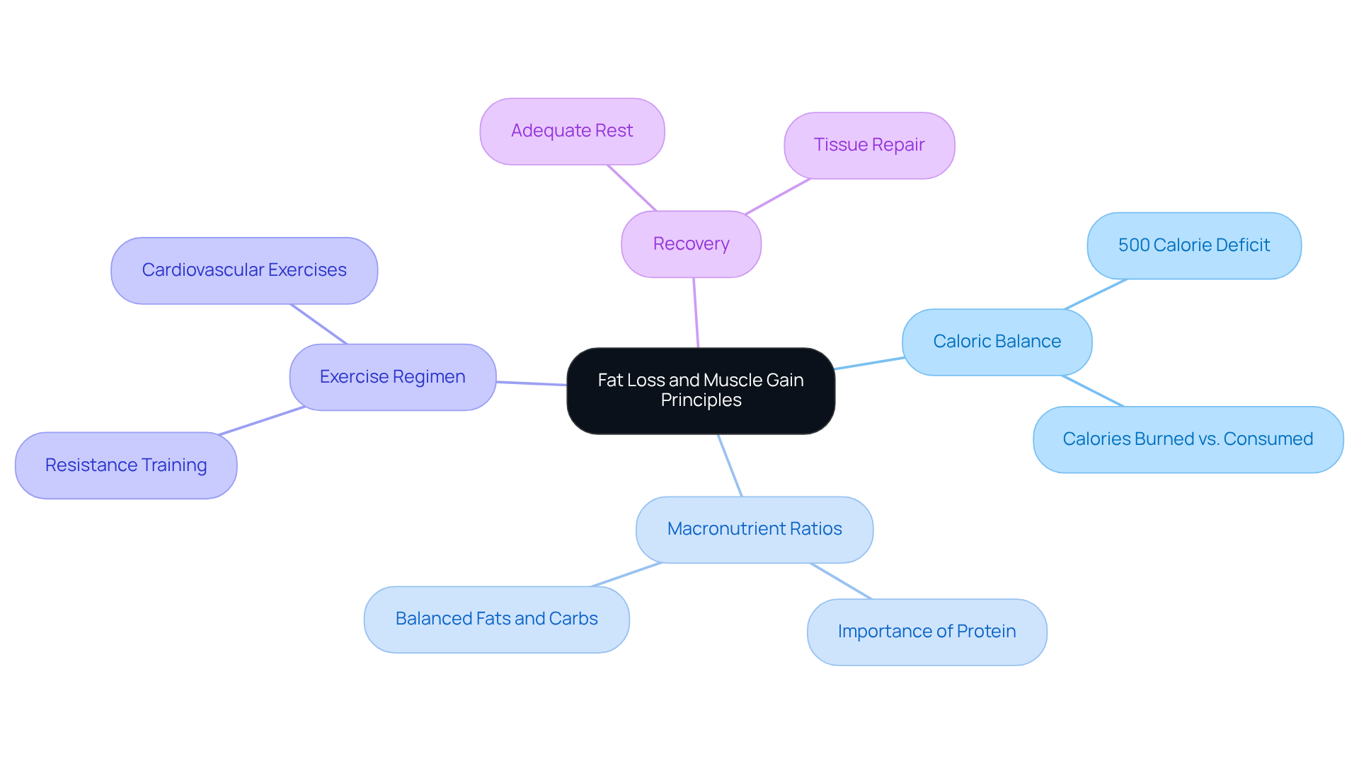 This mindmap starts with the main topic in the center and branches out to show the key principles involved in fat loss and muscle gain. Each branch represents a different principle, and the sub-branches provide more details. This layout helps you see how everything connects and supports your fitness journey. This mindmap starts with the main topic in the center and branches out to show the key principles involved in fat loss and muscle gain. Each branch represents a different principle, and the sub-branches provide more details. This layout helps you see how everything connects and supports your fitness journey.