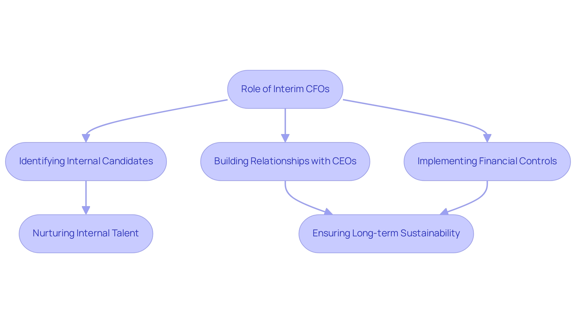 Each box represents a key action or concept related to the role of interim CFOs, with arrows indicating their interconnections and sequence.