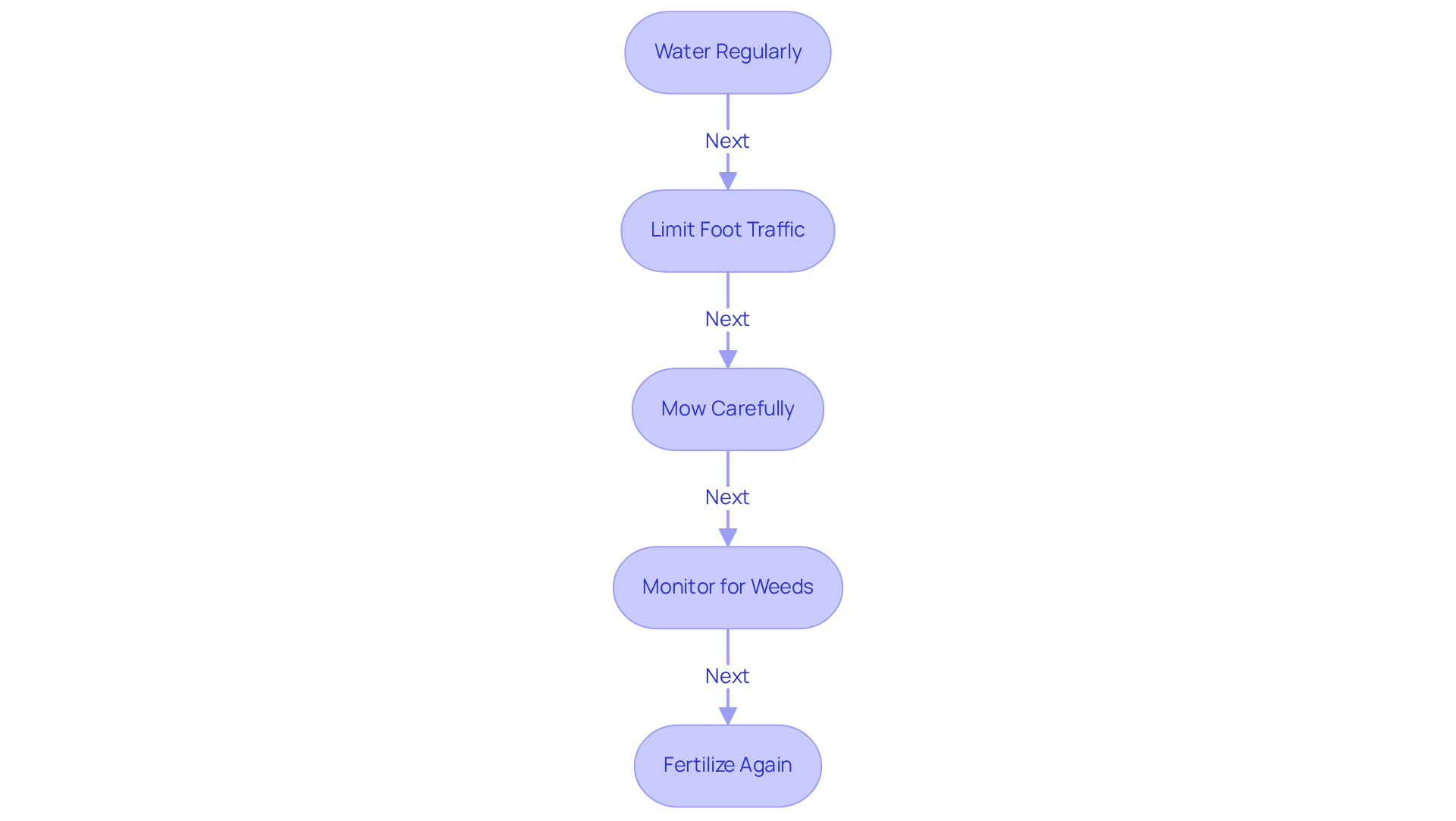 Follow the arrows to see the order of steps for maintaining your lawn after overseeding. Each box represents an important action to take for the best results. Follow the arrows to see the order of steps for maintaining your lawn after overseeding. Each box represents an important action to take for the best results.