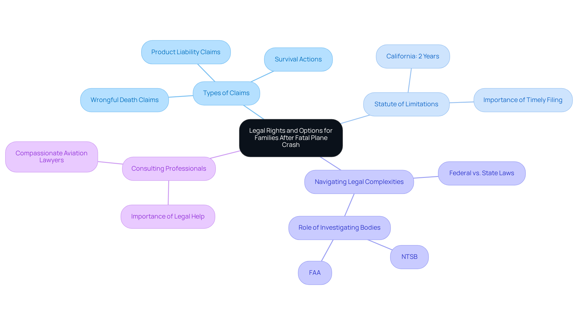 This mindmap helps you visualize the different legal avenues available to families after a tragic plane crash. Start at the center with the main topic, then follow the branches to explore specific claims and important considerations. Each branch represents a key area of focus, making it easier to understand your options.