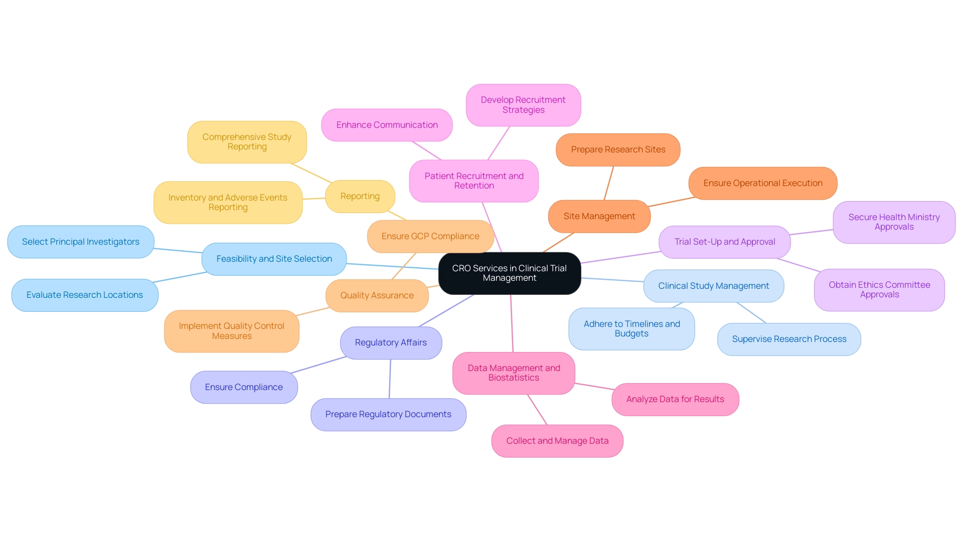 Each branch represents a specific service provided by CROs, with colors differentiating each service category.