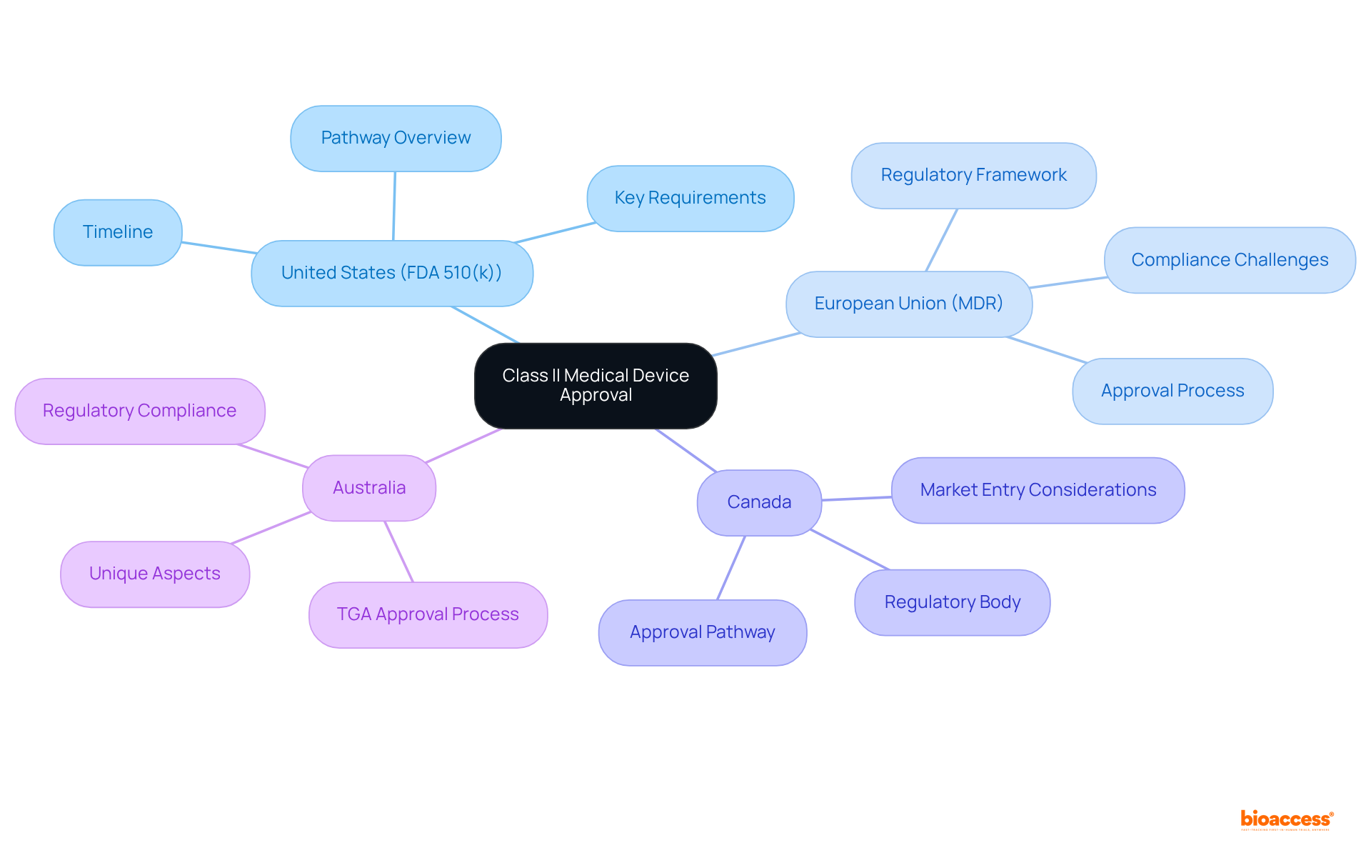 The central node represents the overall topic, while each branch details the approval process in a specific country. The sub-nodes provide further insights into the unique aspects of each system.