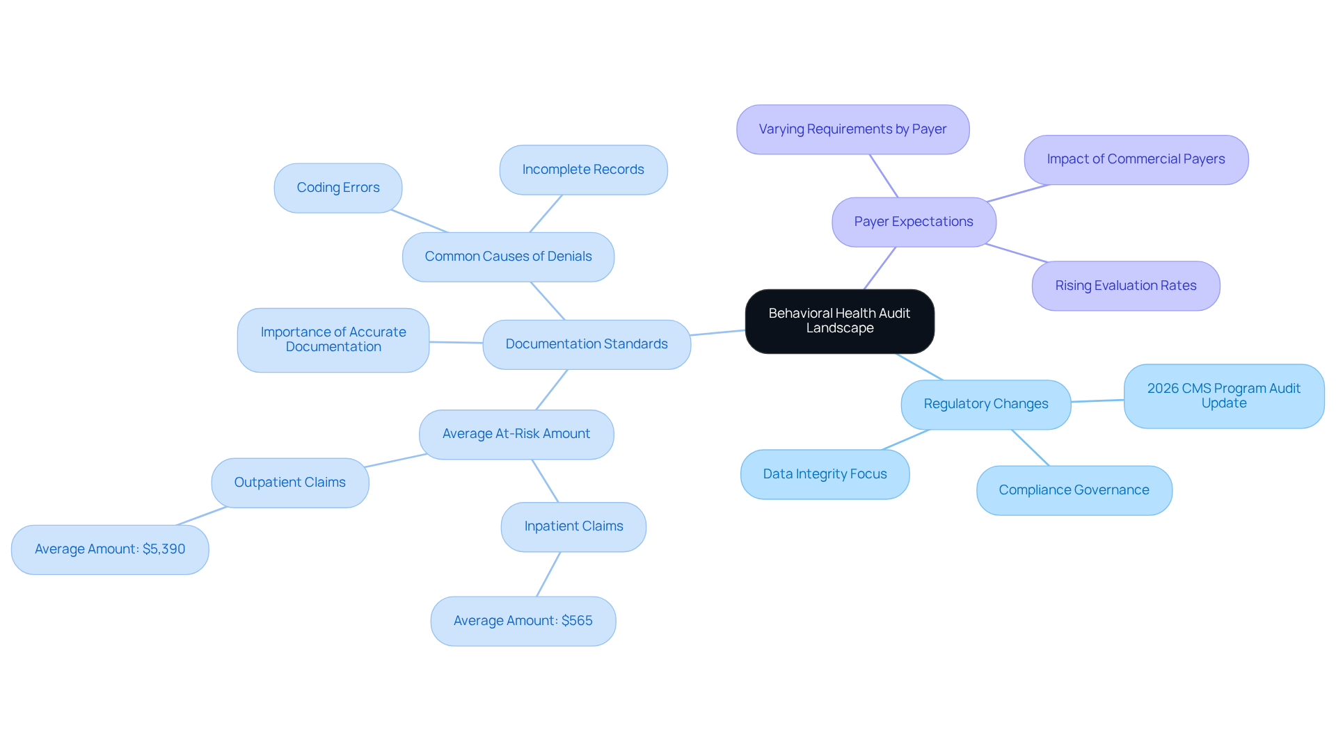 Start at the center with the main topic, then follow the branches to explore each key factor affecting audits. Each branch represents a theme, and the sub-branches provide more details about that theme.