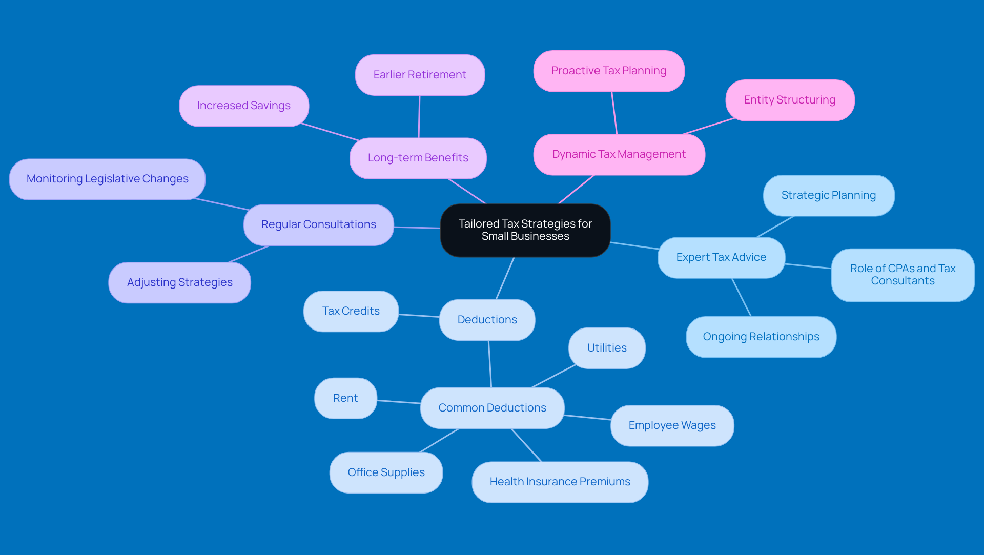 The central node represents the main theme of tax strategies, while the branches show different aspects of how expert advice can benefit small businesses. Each branch connects to specific details, making it easy to see how everything relates. The central node represents the main theme of tax strategies, while the branches show different aspects of how expert advice can benefit small businesses. Each branch connects to specific details, making it easy to see how everything relates.