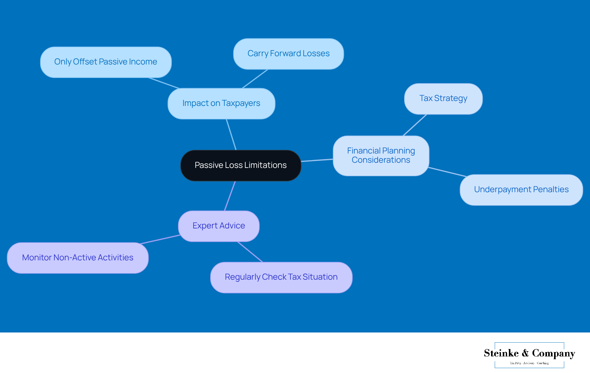 The central node represents passive loss limitations, with branches illustrating their effects on taxpayers, planning advice, and key considerations. Each color represents a different aspect of the topic, helping you see how everything connects. The central node represents passive loss limitations, with branches illustrating their effects on taxpayers, planning advice, and key considerations. Each color represents a different aspect of the topic, helping you see how everything connects.