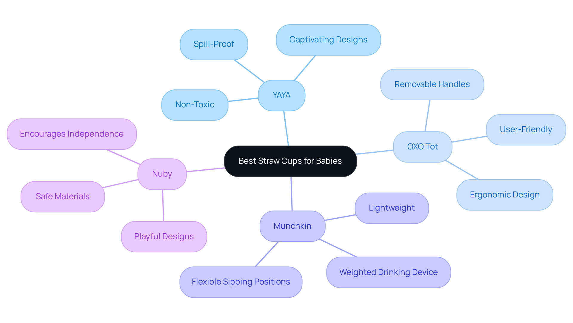 The central node represents the overall topic, while each branch shows a different brand. The sub-branches highlight what makes each brand special, helping you understand which cup might be best for your child.