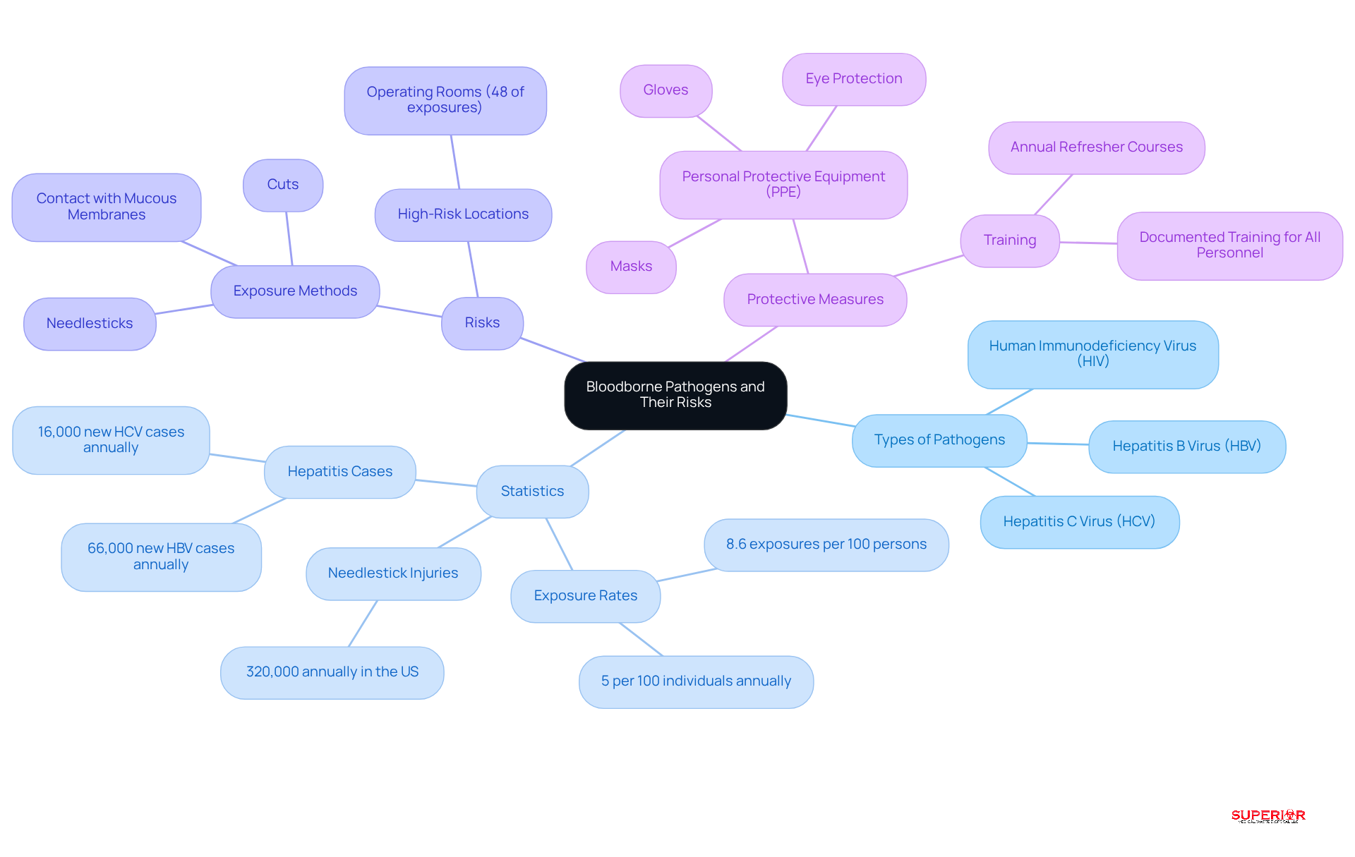 The central node represents bloodborne pathogens, while the branches show different aspects like types of pathogens, statistics on injuries, risks of exposure, and necessary protective measures. Follow the branches to understand how these elements relate to each other.
