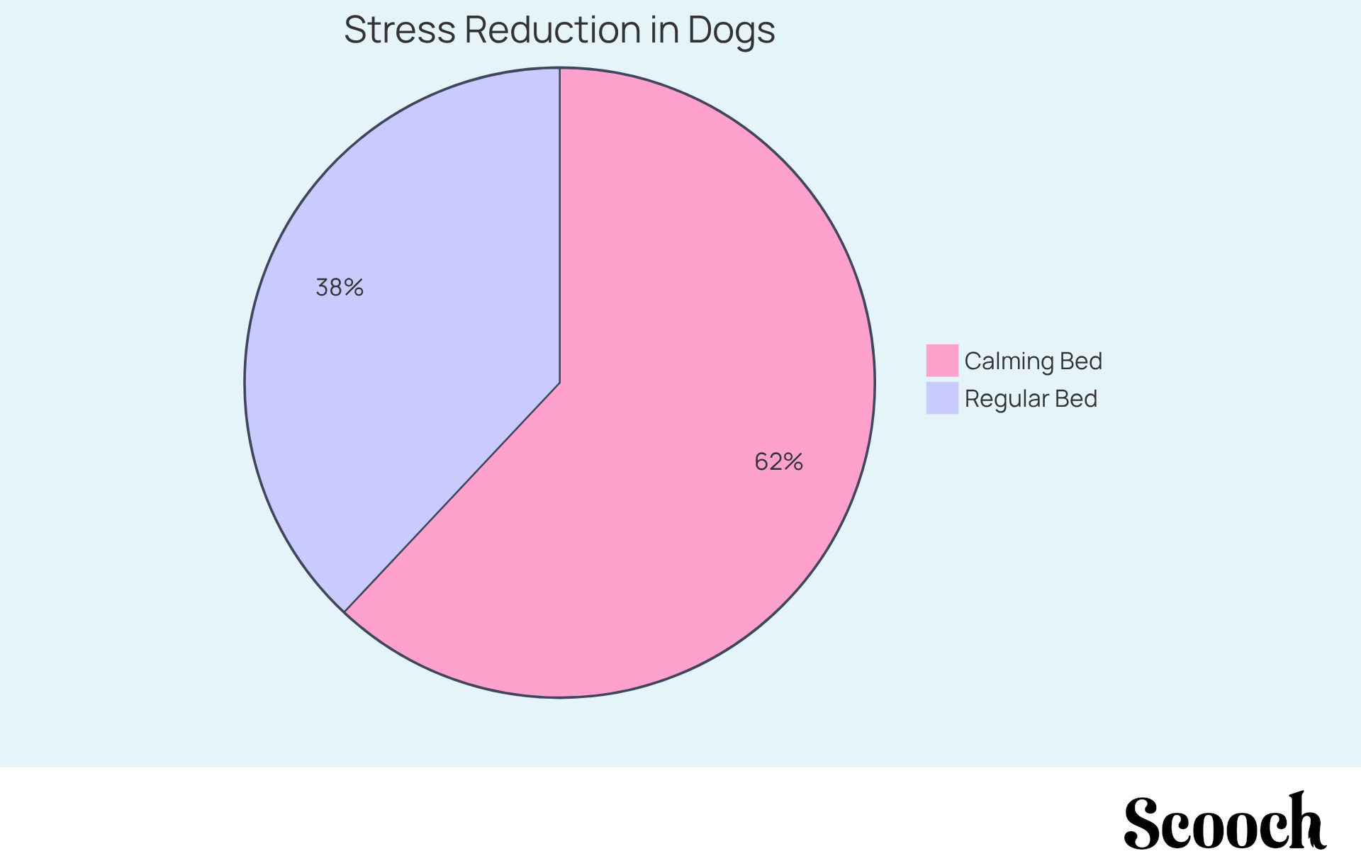 The blue segment shows the percentage of stress reduction for dogs using the calming bed, while the gray segment represents those on regular beds. A larger blue slice means a greater reduction in stress!
