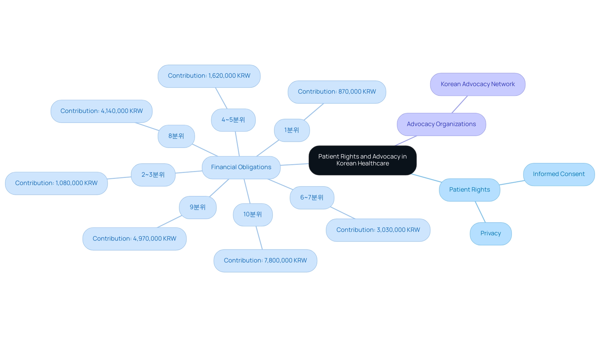 The central node represents the overall theme, with branches detailing patient rights, financial obligations by income bracket, and advocacy organizations.