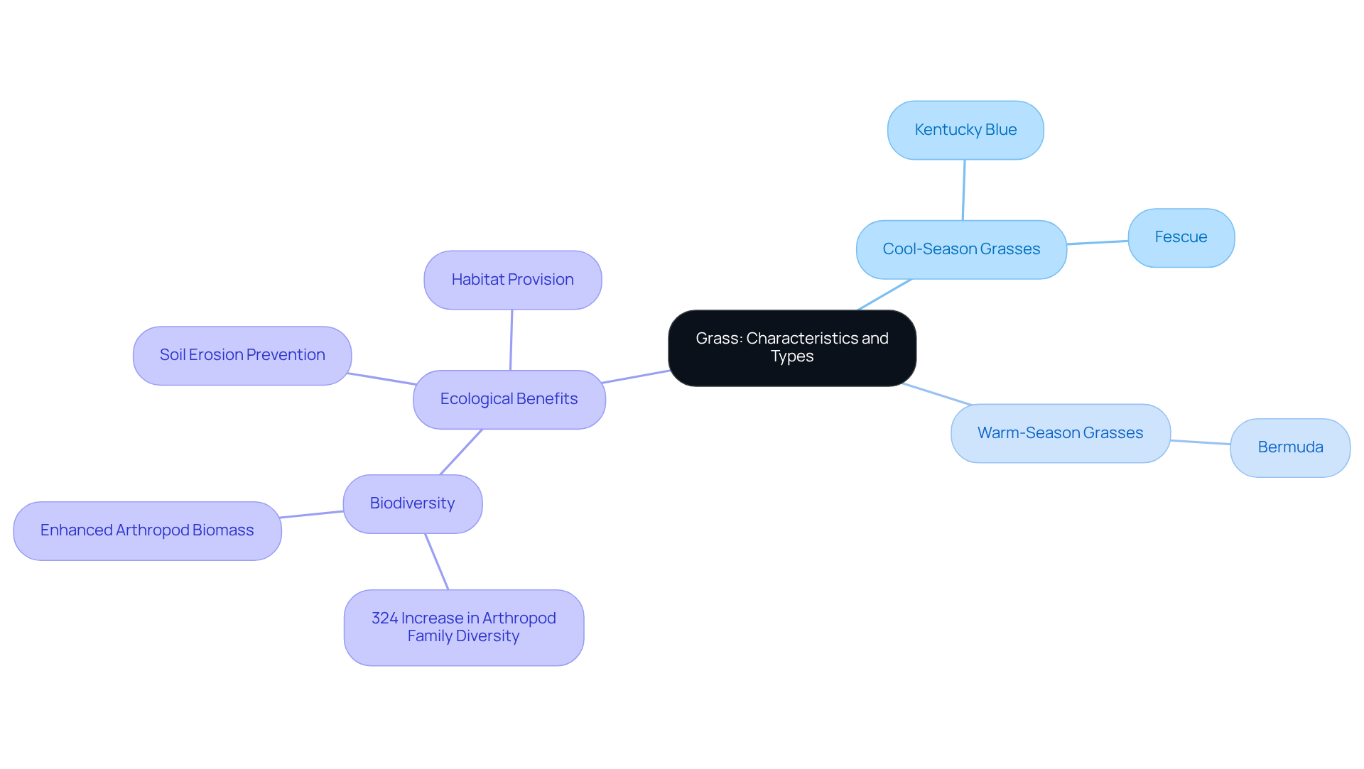 This mindmap starts with the central idea of grass and branches out to show different types and their ecological roles. Each branch represents a category or characteristic, helping you see how they relate to the overall importance of grass in our ecosystems.