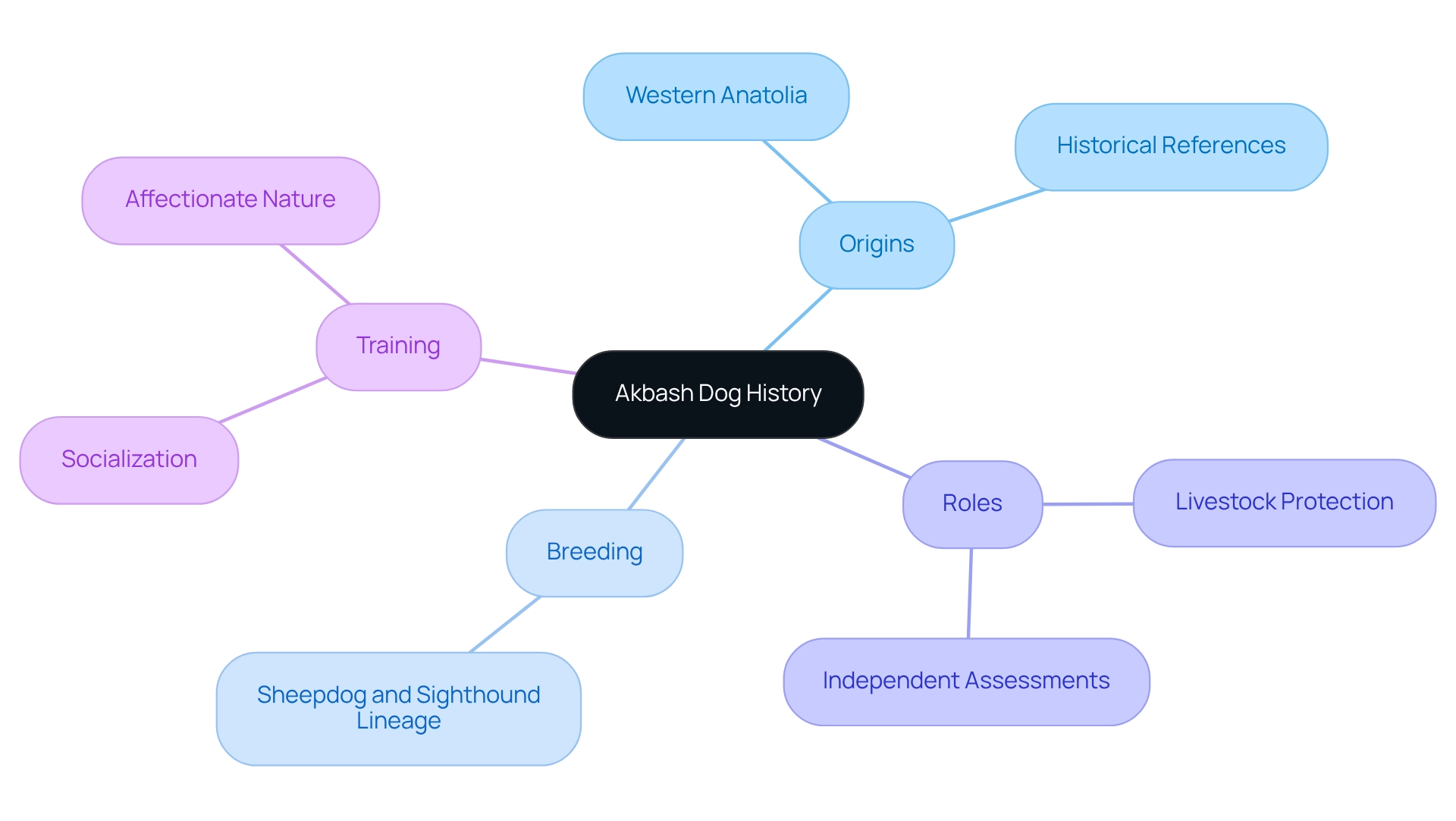 The center represents the overall history of the Akbash dog, while the branches explore different aspects like origins, breeding, roles, and the importance of training, helping you understand the breed's rich background. The center represents the overall history of the Akbash dog, while the branches explore different aspects like origins, breeding, roles, and the importance of training, helping you understand the breed's rich background.