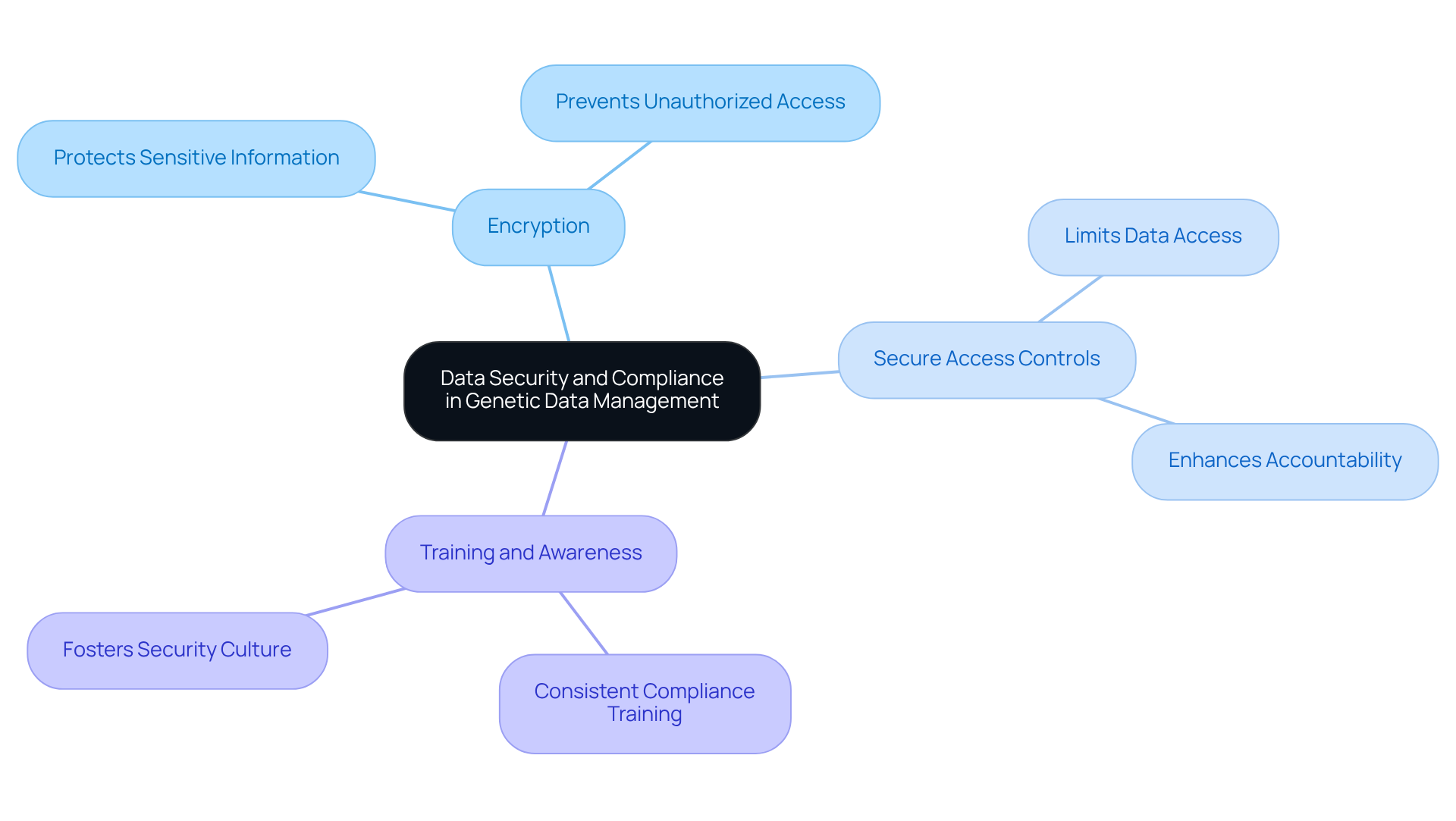 The center represents the main focus on data security, with branches showing specific strategies and their significance. Follow the branches to understand how each part contributes to protecting sensitive genetic information.