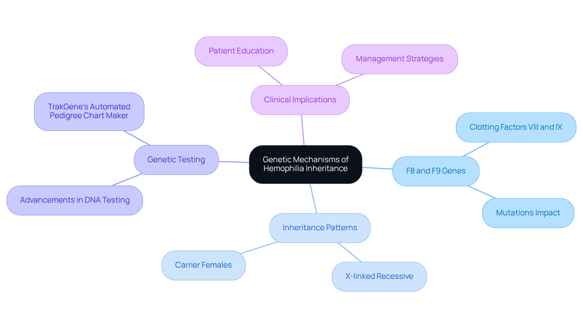 This mindmap starts with the main topic in the center and branches out to show related concepts. Each branch represents a key area of understanding hemophilia inheritance, helping you see how genetic factors, inheritance patterns, and testing methods are interconnected.