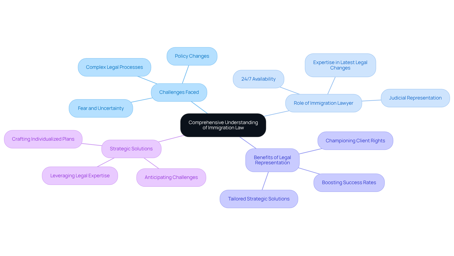 The central node represents the overall theme of immigration law. Each branch highlights a key area of focus, showing how the law firm supports clients through challenges and solutions.