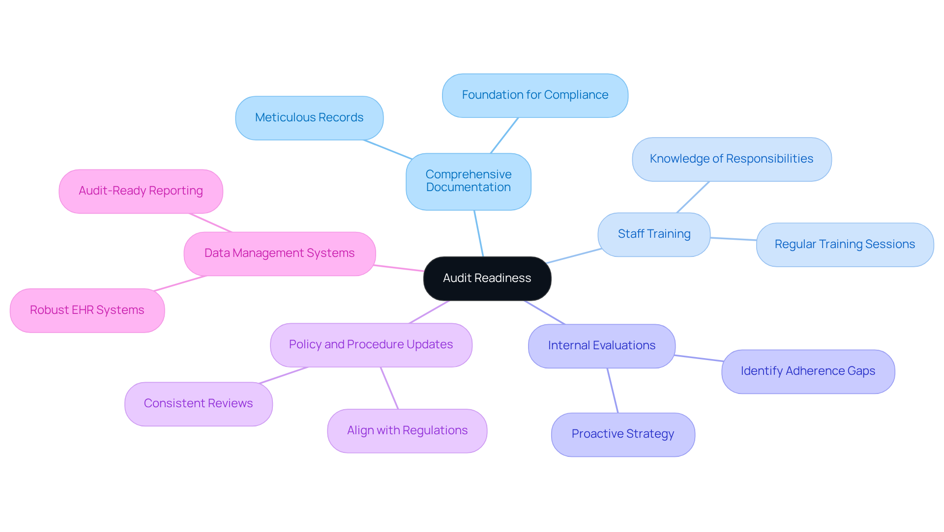 The central node represents the overall goal of audit readiness. Each branch shows a crucial component that contributes to this goal, with further details provided in the sub-branches.