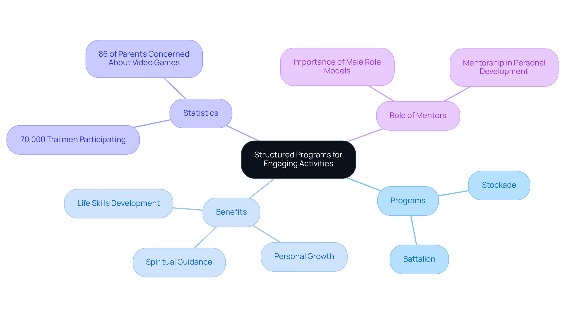 The center represents the main theme of structured programs, while the branches show different aspects like specific programs, their benefits, important statistics, and the role of mentors. Follow the branches to see how everything connects to support the development of young men.