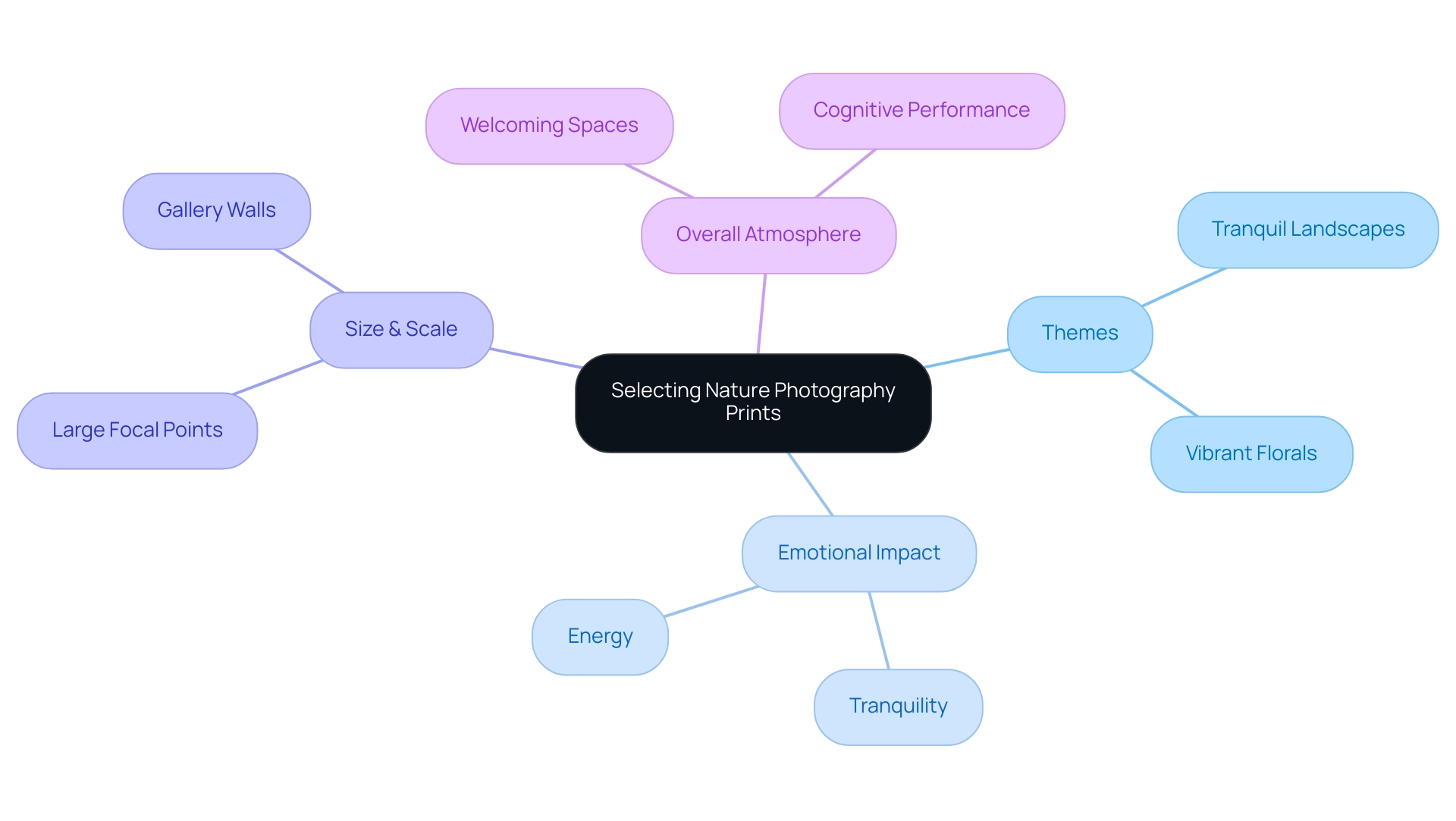 The central node represents the main topic, with branches showing key considerations like themes, emotional impact, size, and overall atmosphere.