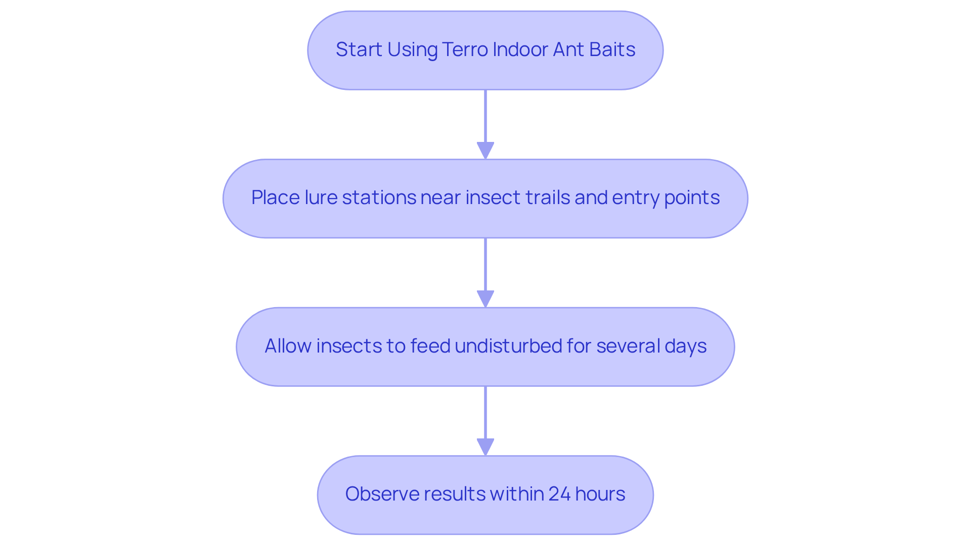 Follow the arrows to see what steps to take when using Terro Indoor Ant Baits. Each box represents an action you need to complete to help get rid of ants effectively.