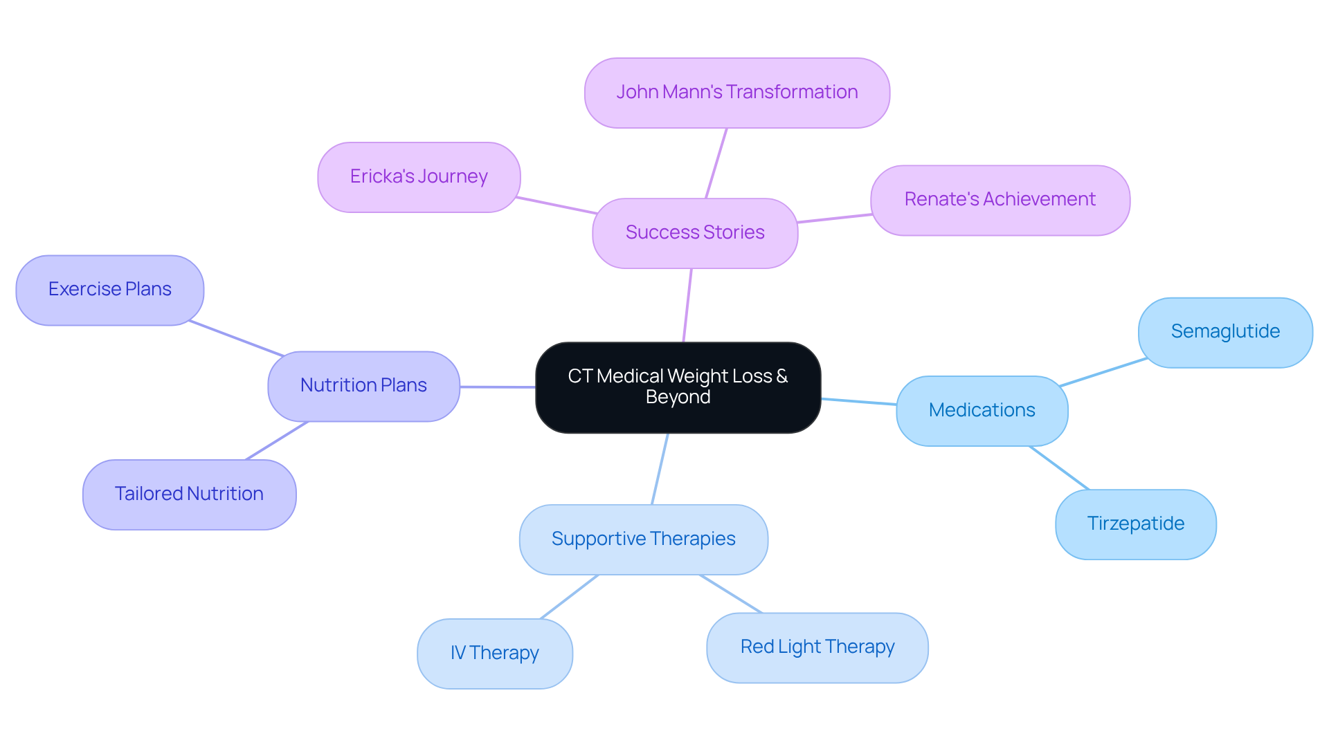 This mindmap shows how different parts of the weight loss program connect to the main goal of health and wellness. Each branch represents a key area of support, and the sub-nodes provide details on specific treatments and success stories.