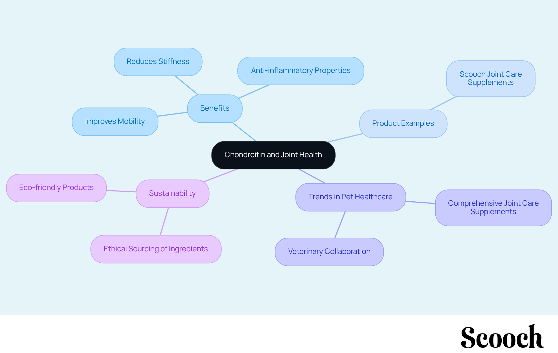 The central idea represents chondroitin, while the branches highlight its benefits, examples of products, current trends in pet healthcare, and a commitment to sustainability.