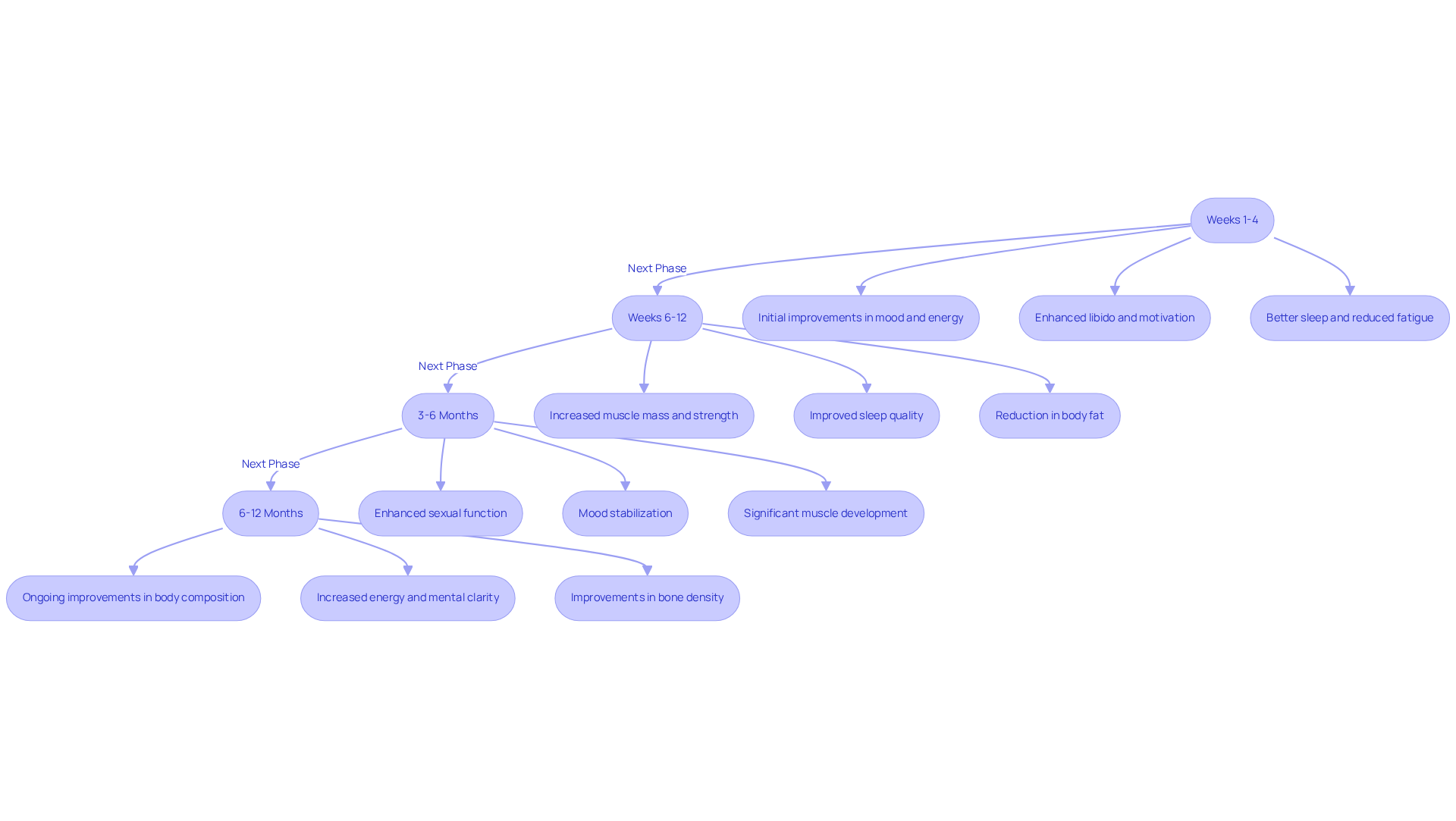 This flowchart shows the journey of testosterone replacement therapy over time. Each section highlights what changes you might expect during that period, helping you visualize the progression and understand how TRT can impact your life.