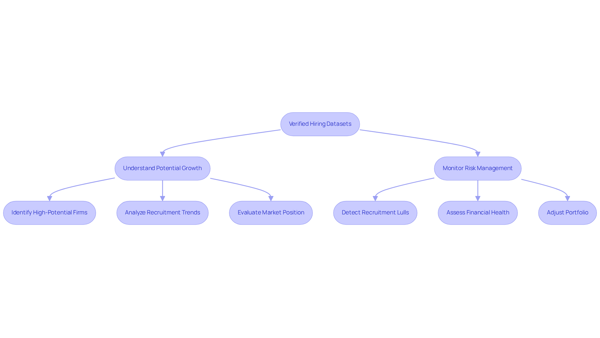 The flowchart shows how verified hiring datasets guide investors through understanding growth opportunities and monitoring risks — follow the arrows to see how each step influences investment strategies.