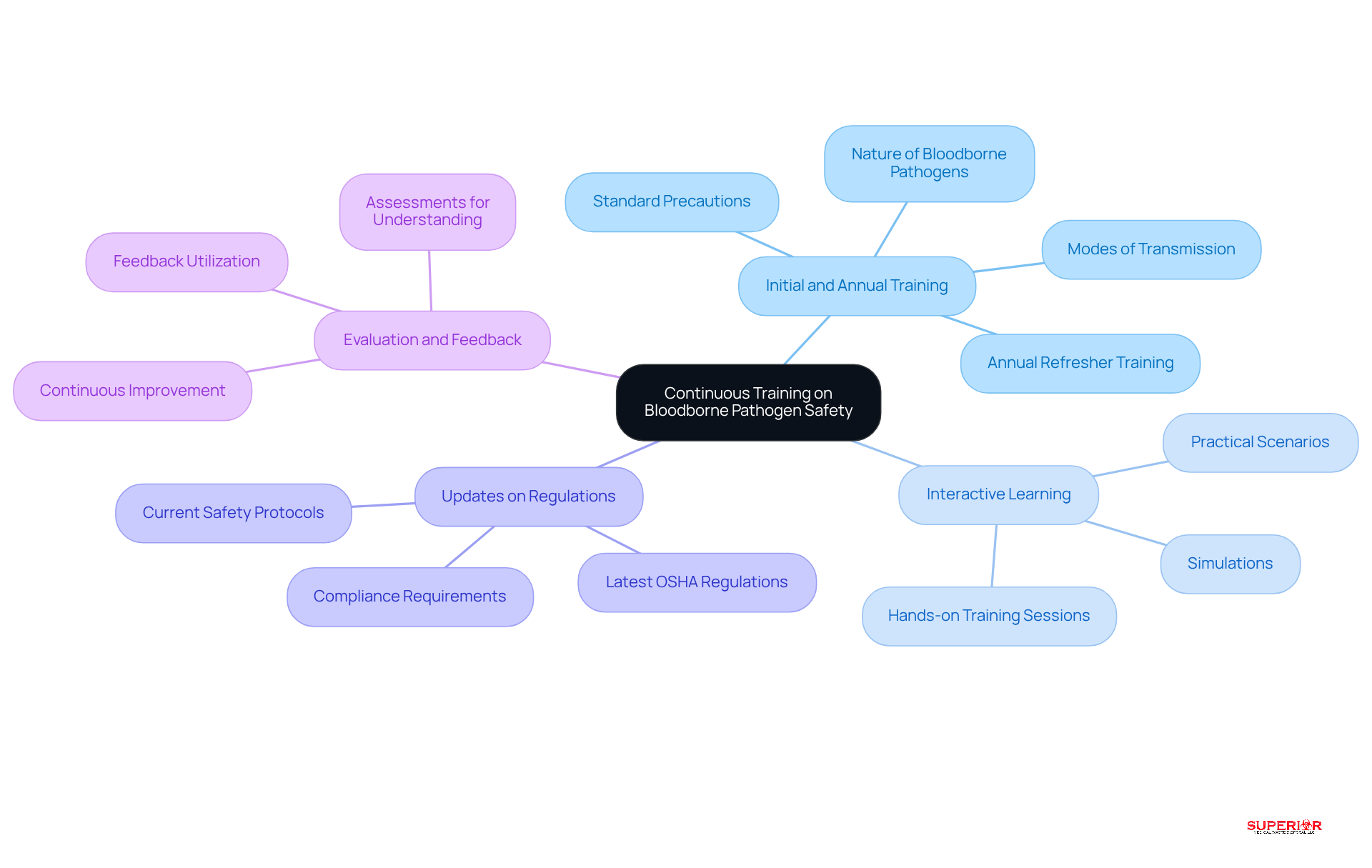 The center represents the main focus on continuous training, while the branches show the key components that support this training. Each color-coded branch helps you easily identify different aspects of the training program.