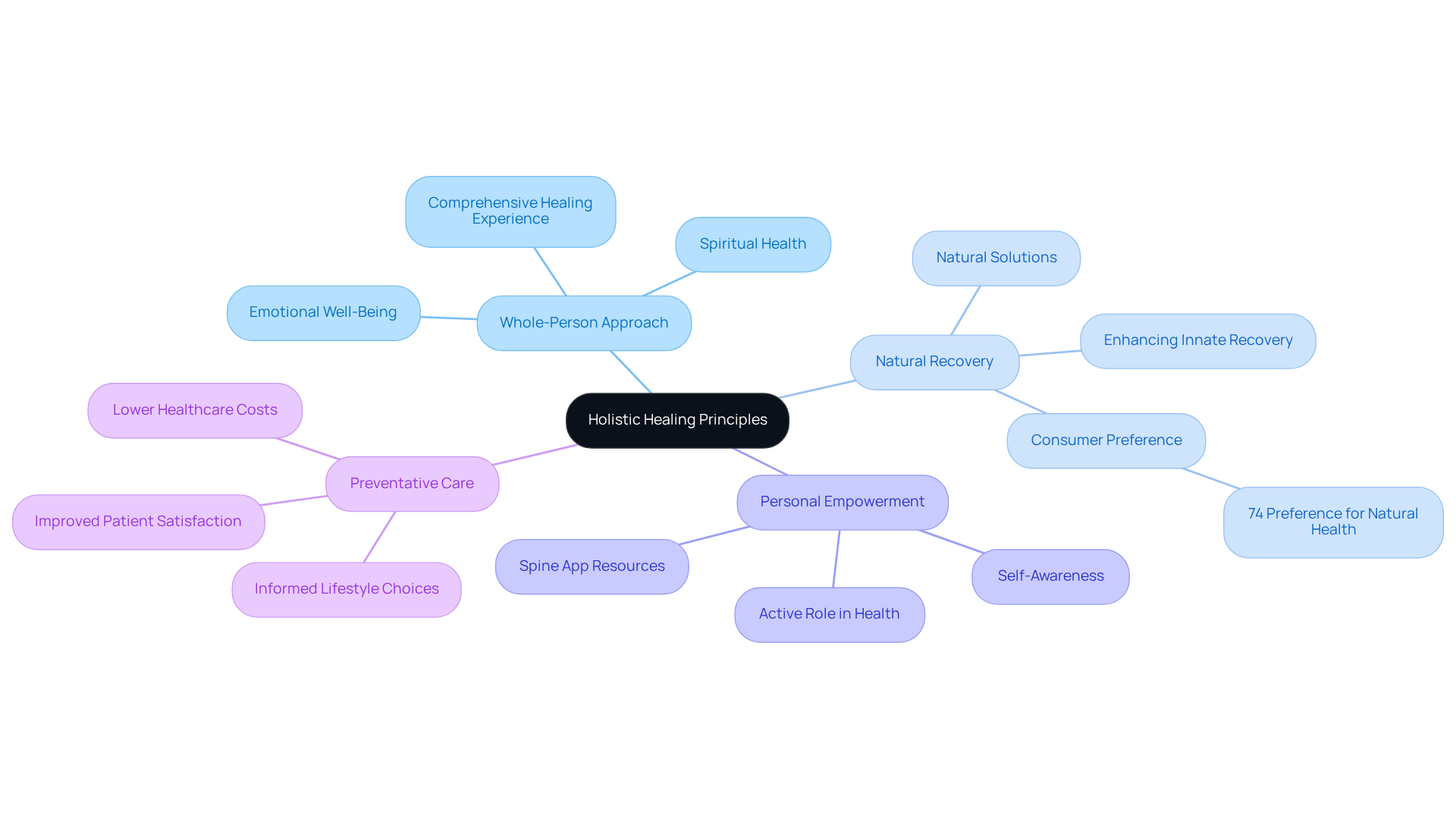 Start at the center with the main theme of holistic healing, then follow the branches to explore each principle and its related concepts. Each color-coded branch represents a different aspect of holistic wellness.