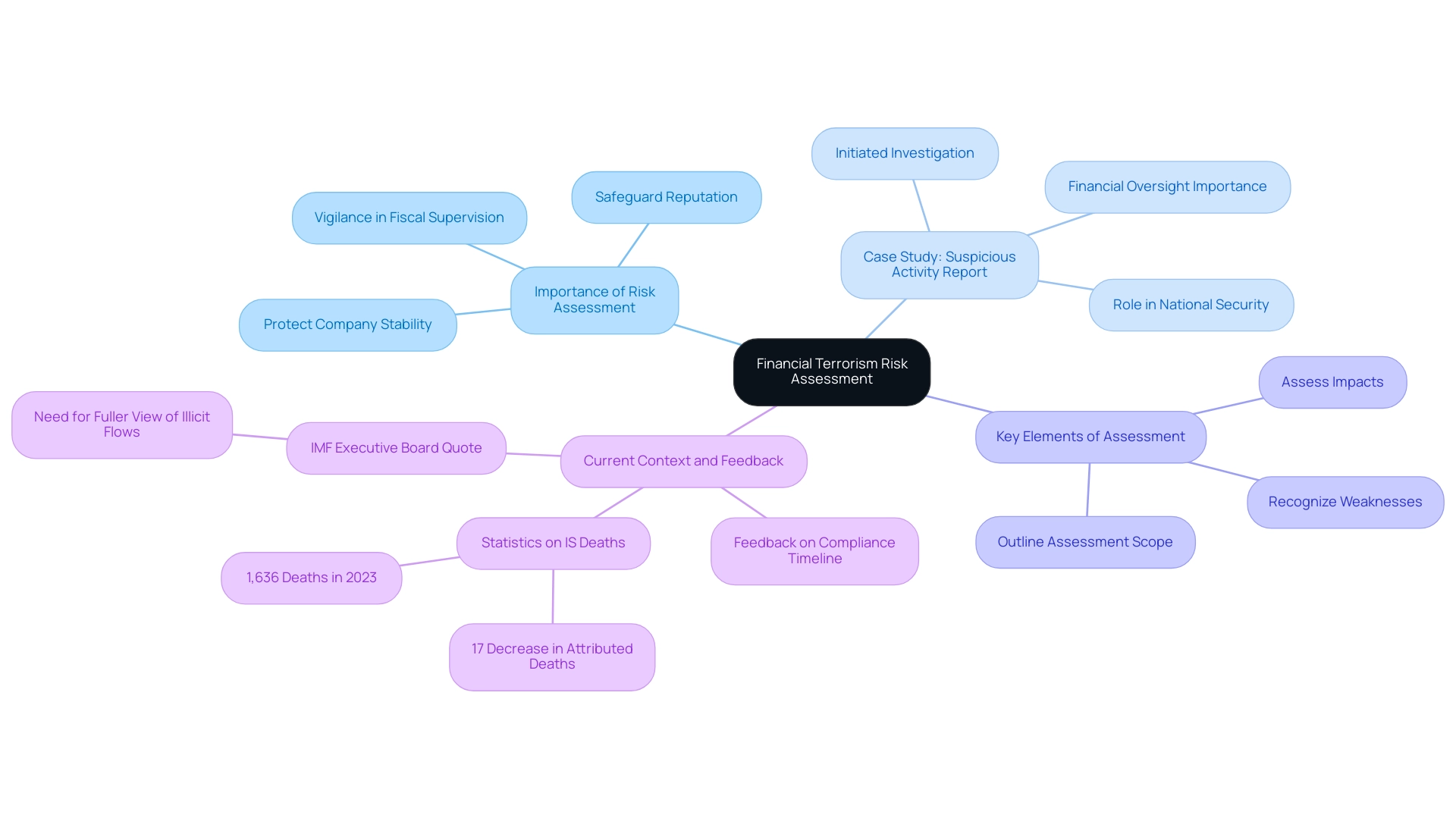 The central node represents the main topic, with branches illustrating the importance, case study, and key elements of risk assessment.