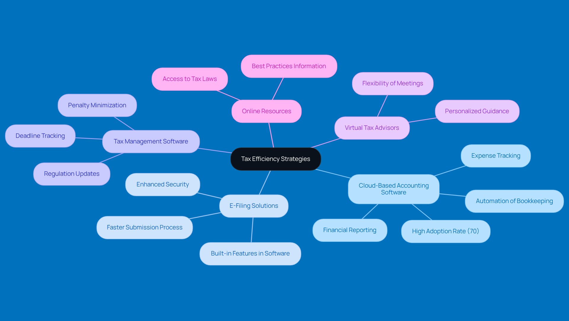 The central node represents the main theme of tax efficiency, while each branch shows a different strategy. Follow the branches to explore how each strategy can help improve your tax management.