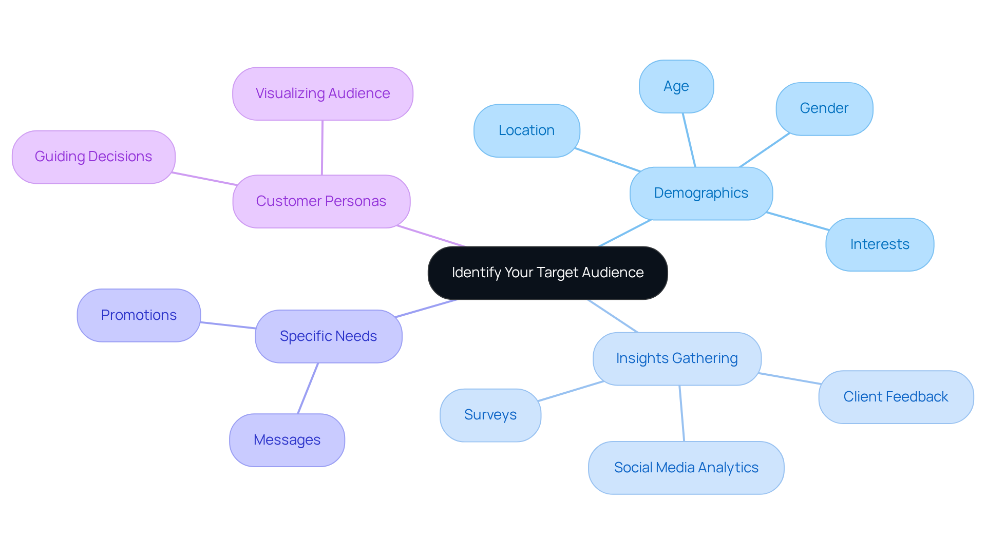Start at the center with the main idea of identifying your audience, then follow the branches to explore demographics, insights, and needs that will help you design effective counter mats.