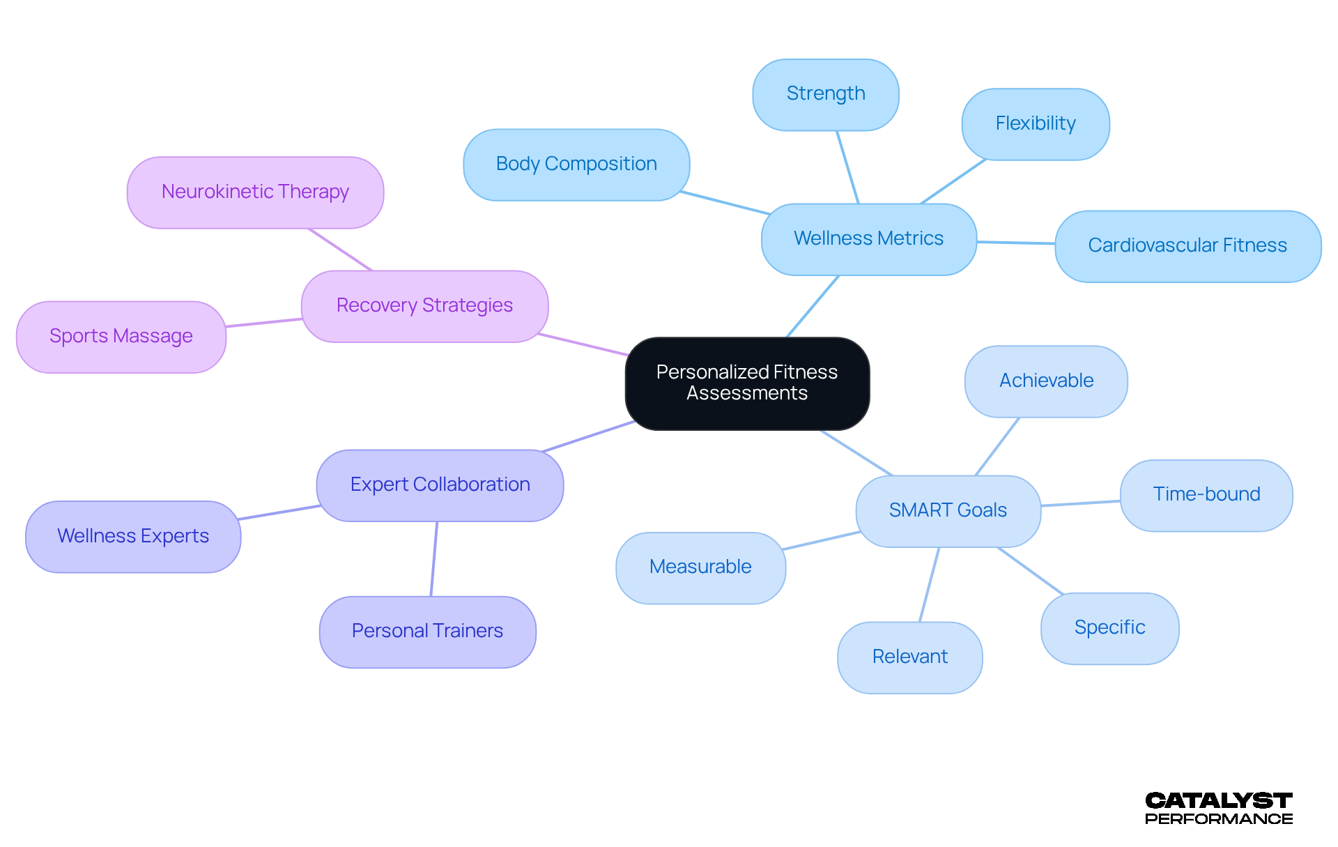 Start at the center with the main topic, then explore each branch to see the different aspects of personalized fitness assessments and how they contribute to a successful wellness journey.