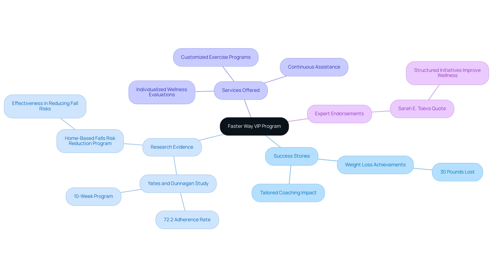 The central node represents the program, branches show testimonials, research evidence, and services, with colors indicating different categories.