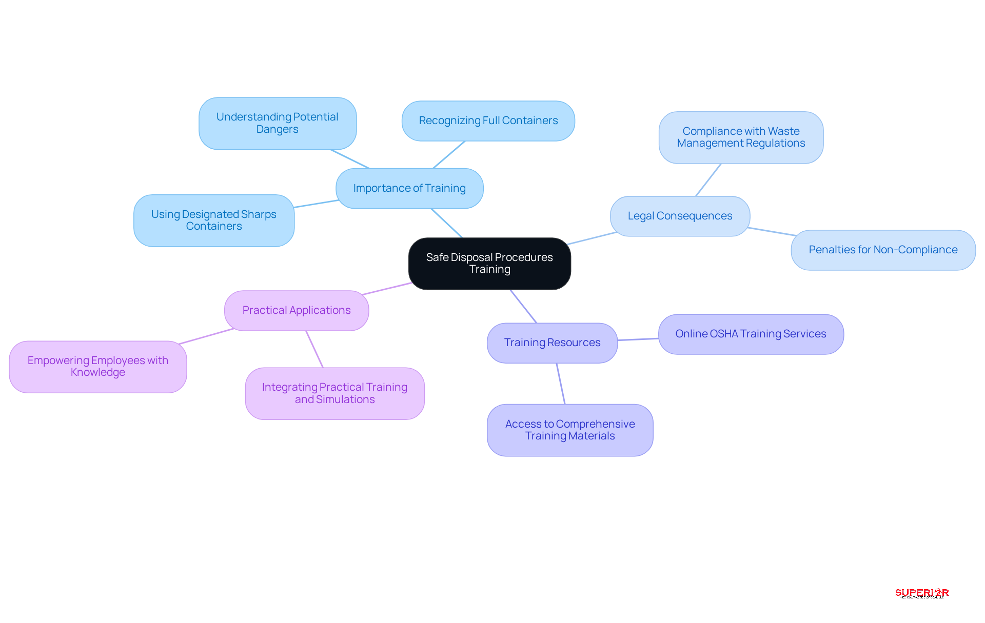 The center represents the main training focus, while the branches show different aspects of the training program. Each color-coded branch helps you quickly identify key areas of knowledge and their importance in maintaining safety and compliance.