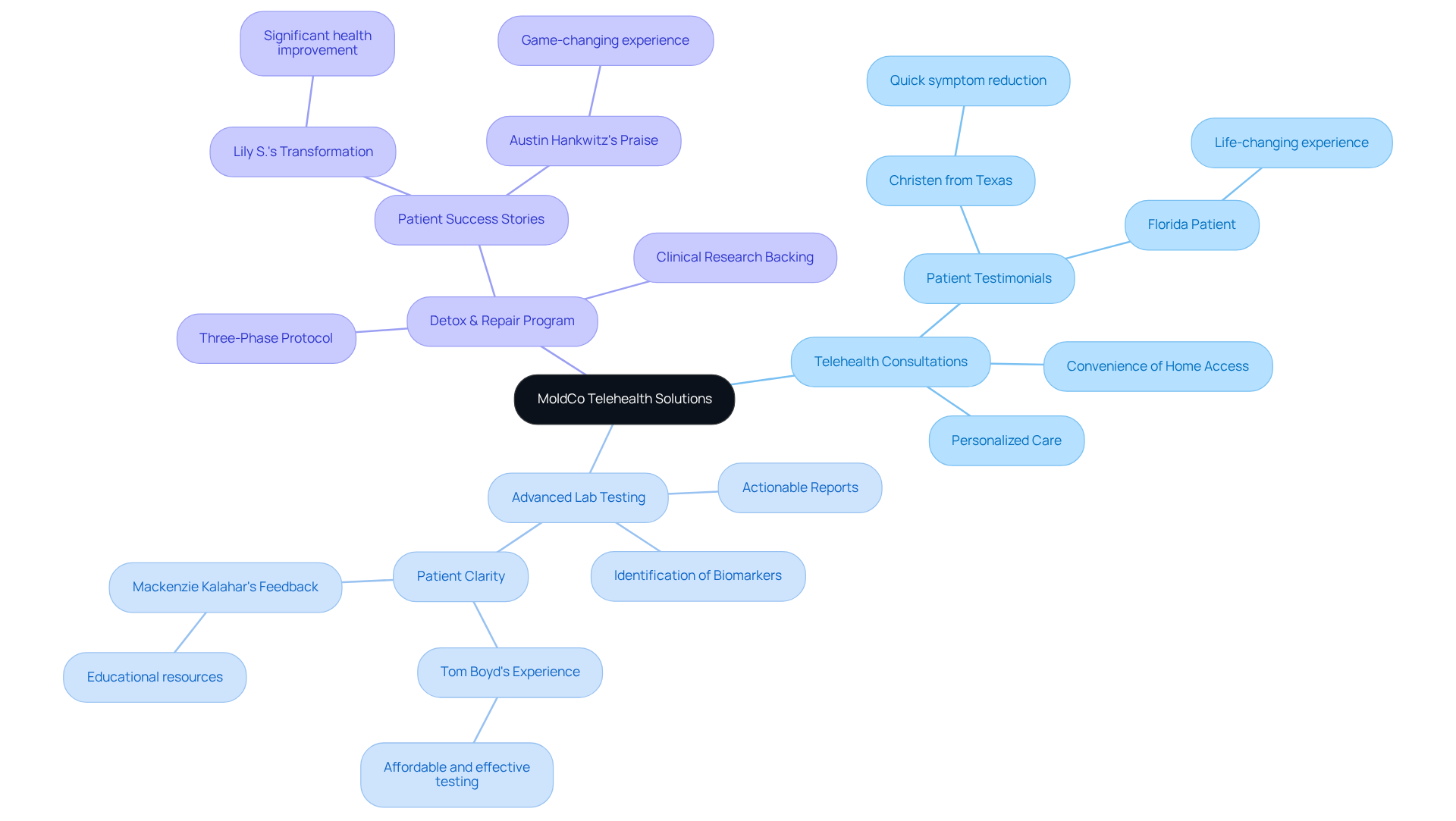 Start at the center with MoldCo's telehealth solutions, then explore the branches to see the different services they offer and how they help patients recover from mold-related health issues.