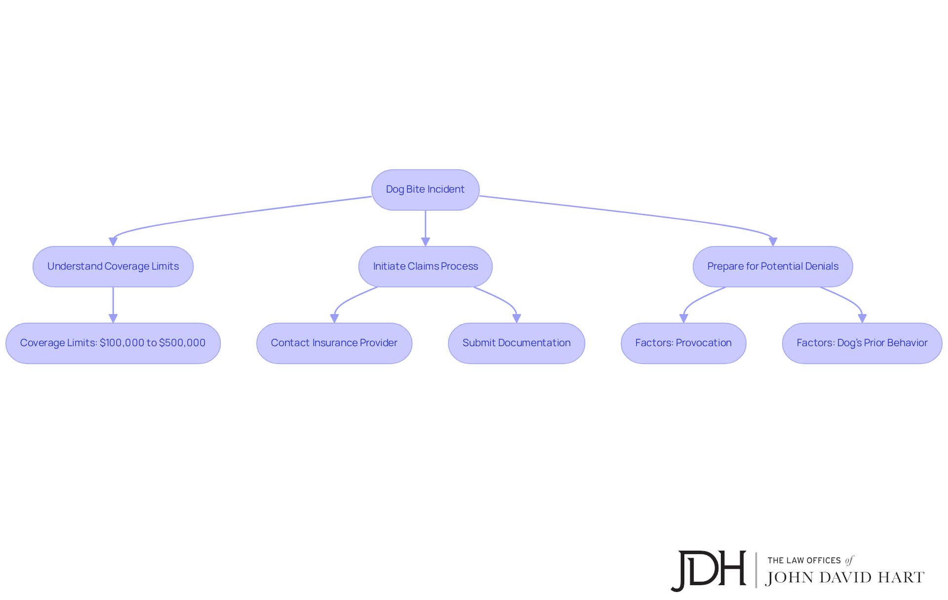 This flowchart guides you through the steps to take after a dog bite incident. Start at the top with the incident, then follow the arrows to understand your insurance coverage, initiate your claim, and prepare for any potential denials. Each box represents a key step or consideration in the process.